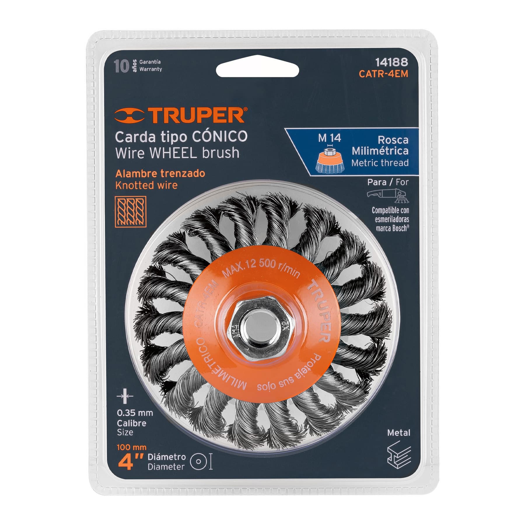 CARDA TIPO CÓNICO 4" ALAMBRE TRENZADO, EJE M14, TRUPER 14188