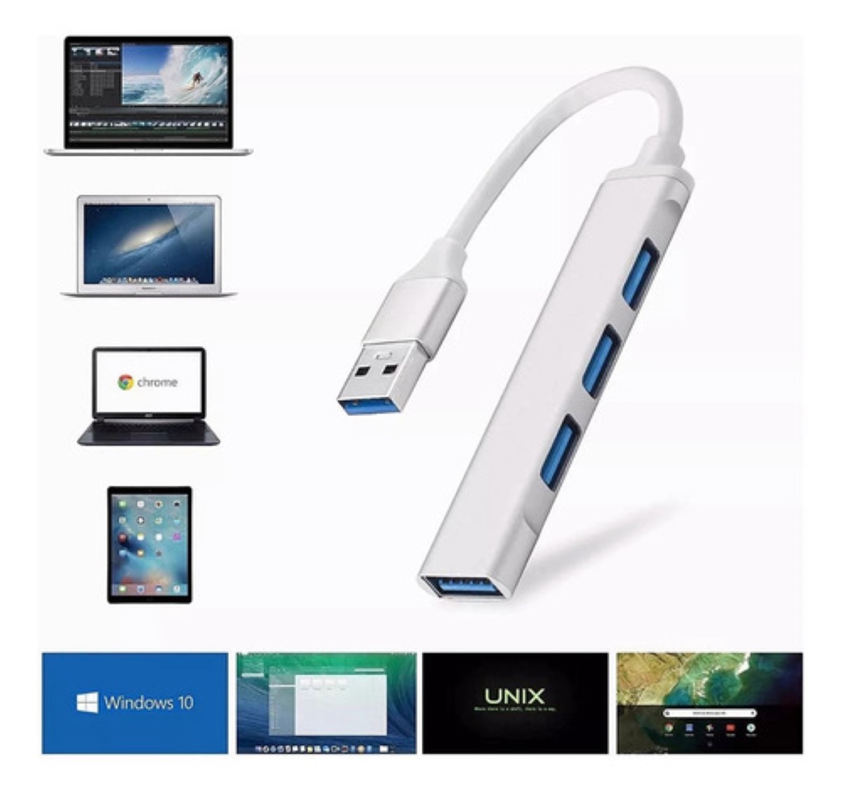 Adaptador Multipuerto Hub Delgado De 4 Puertos Usb 3.0 B Blanco