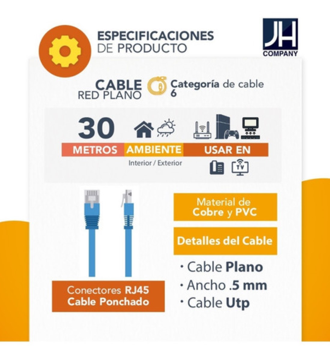 Cable De Red Plano Categoría 6 Cat6 Rj45 30m Ethernet Negro