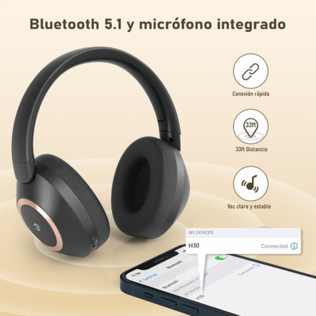 Audífonos Inalámbricos Bluetooth Anc Diadema Con Microfono Negro/Dorado