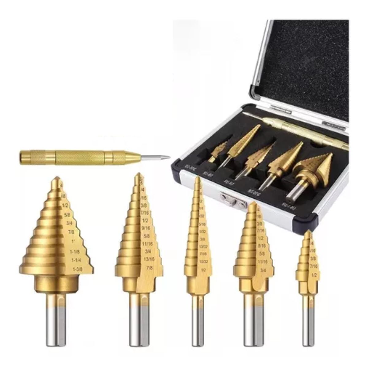 Broca Escalonada De Acero + Estuche De Aluminio, 5 Piezas, Dorado