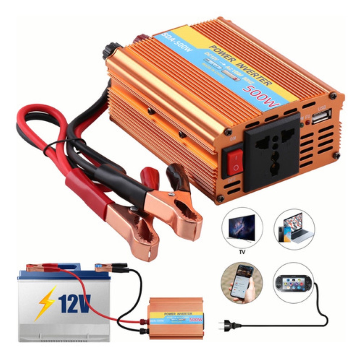 Inversor De Potencia De 500w Para Automóvil/batería 12w/110v Dorado
