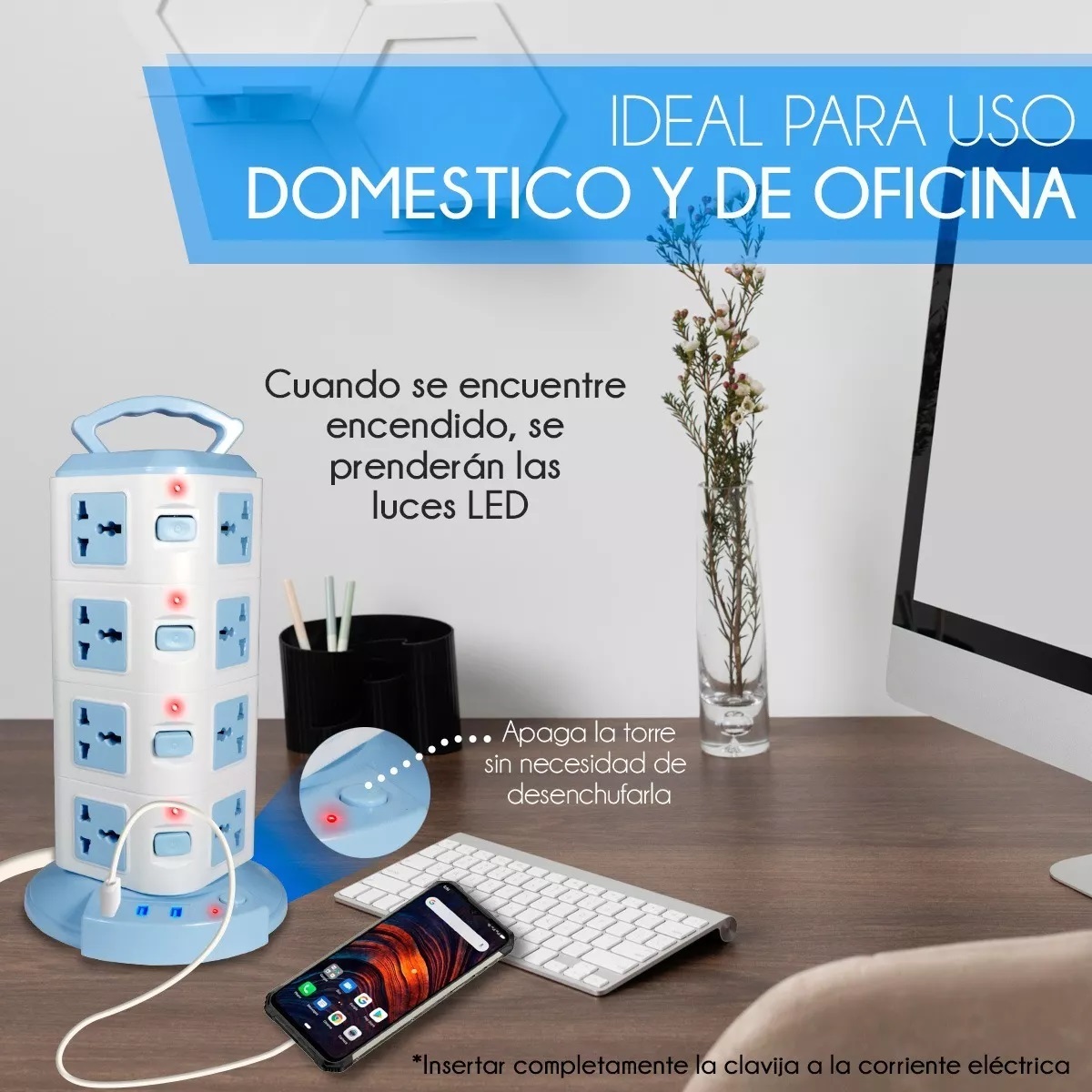 Torre Multicontacto Vertical Con 16 Tomas Y 3 Entradas Usb