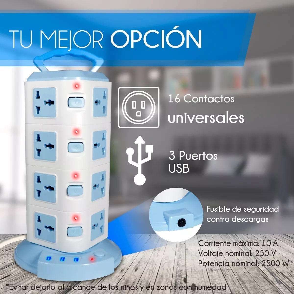 Torre Multicontacto Vertical Con 16 Tomas Y 3 Entradas Usb