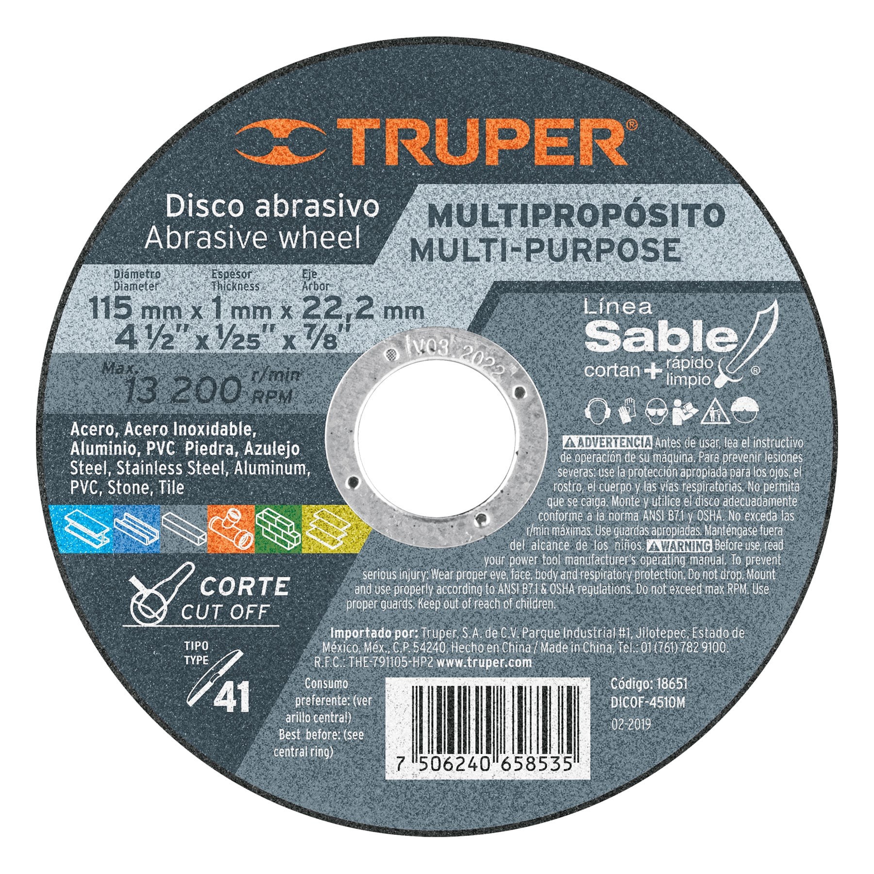 DISCO TIPO 41 DE 4-1/2" X 1 MM CORTE MULTIMATERIAL, SABLE TRUPER 18651