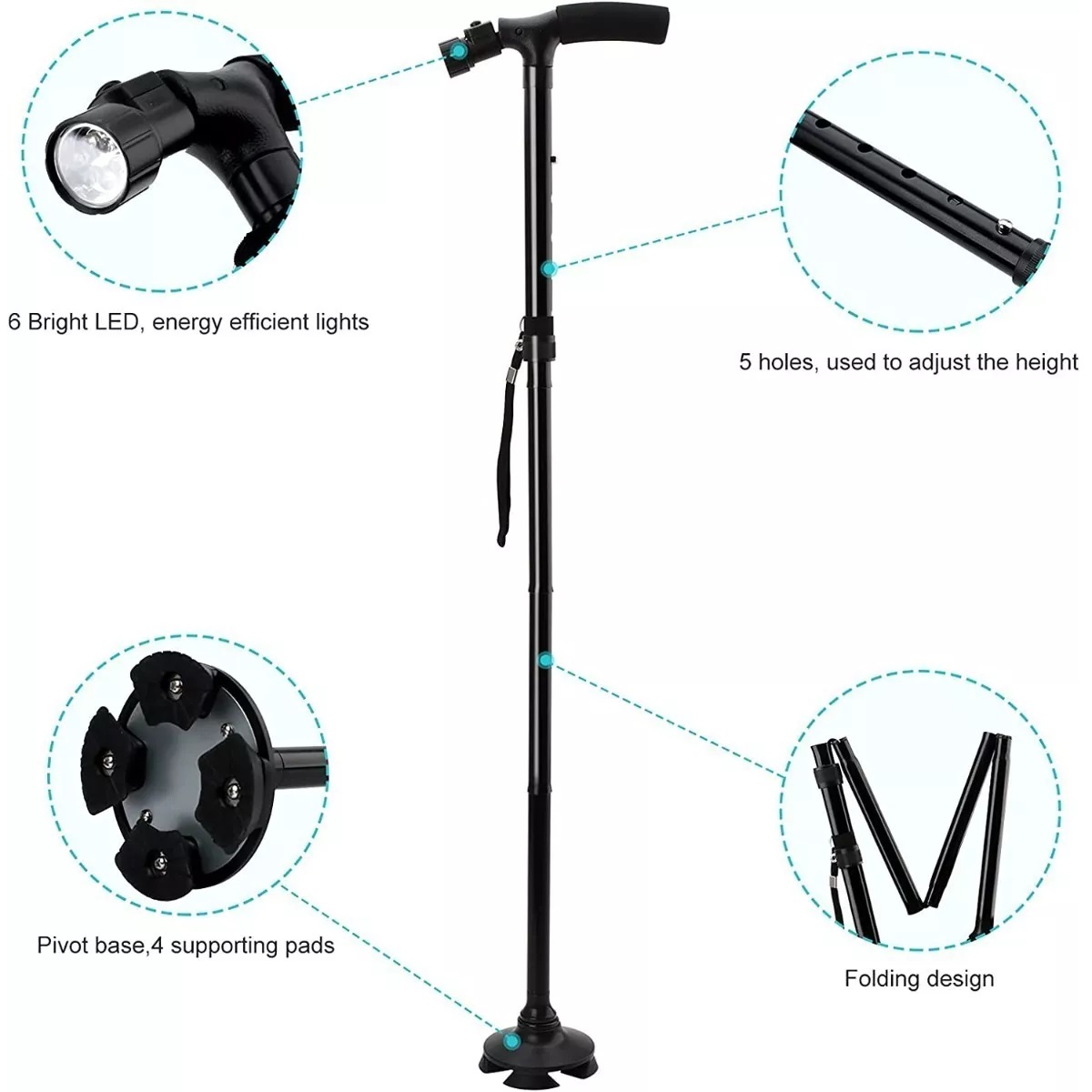 Bastón Plegable Ajustable Con Luz Led Y 4 Puntos De Apoyo Negro