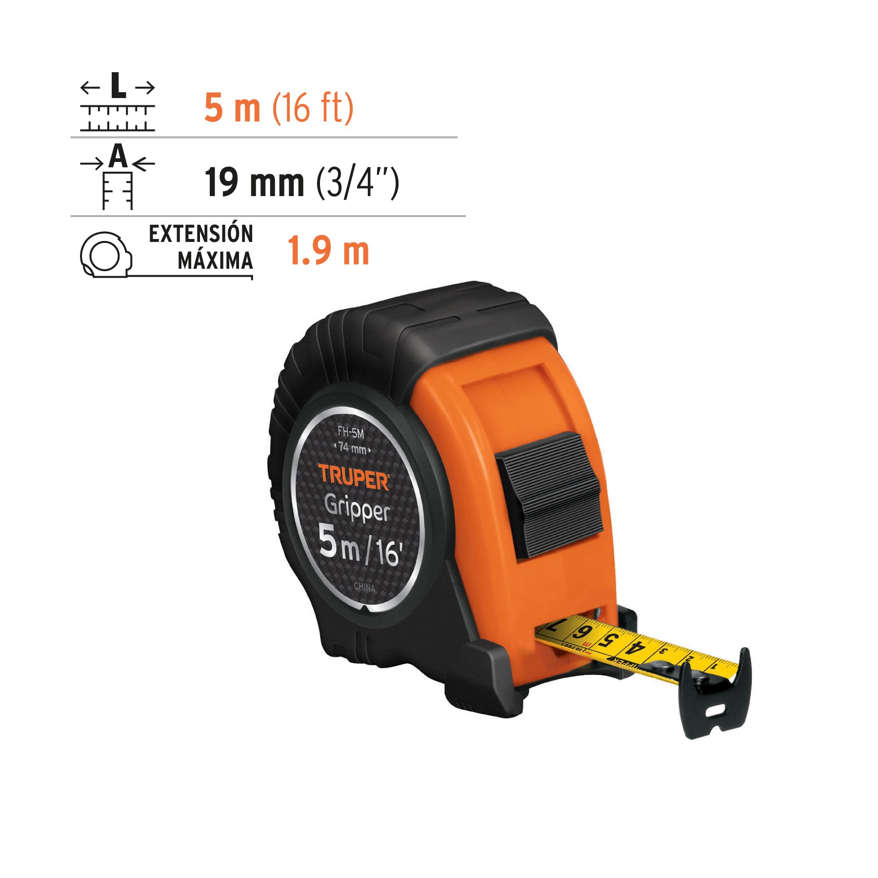 FLEXÓMETRO GRIPPER CONTRA IMPACTOS 5 M CINTA 19 MM, TRUPER 14578