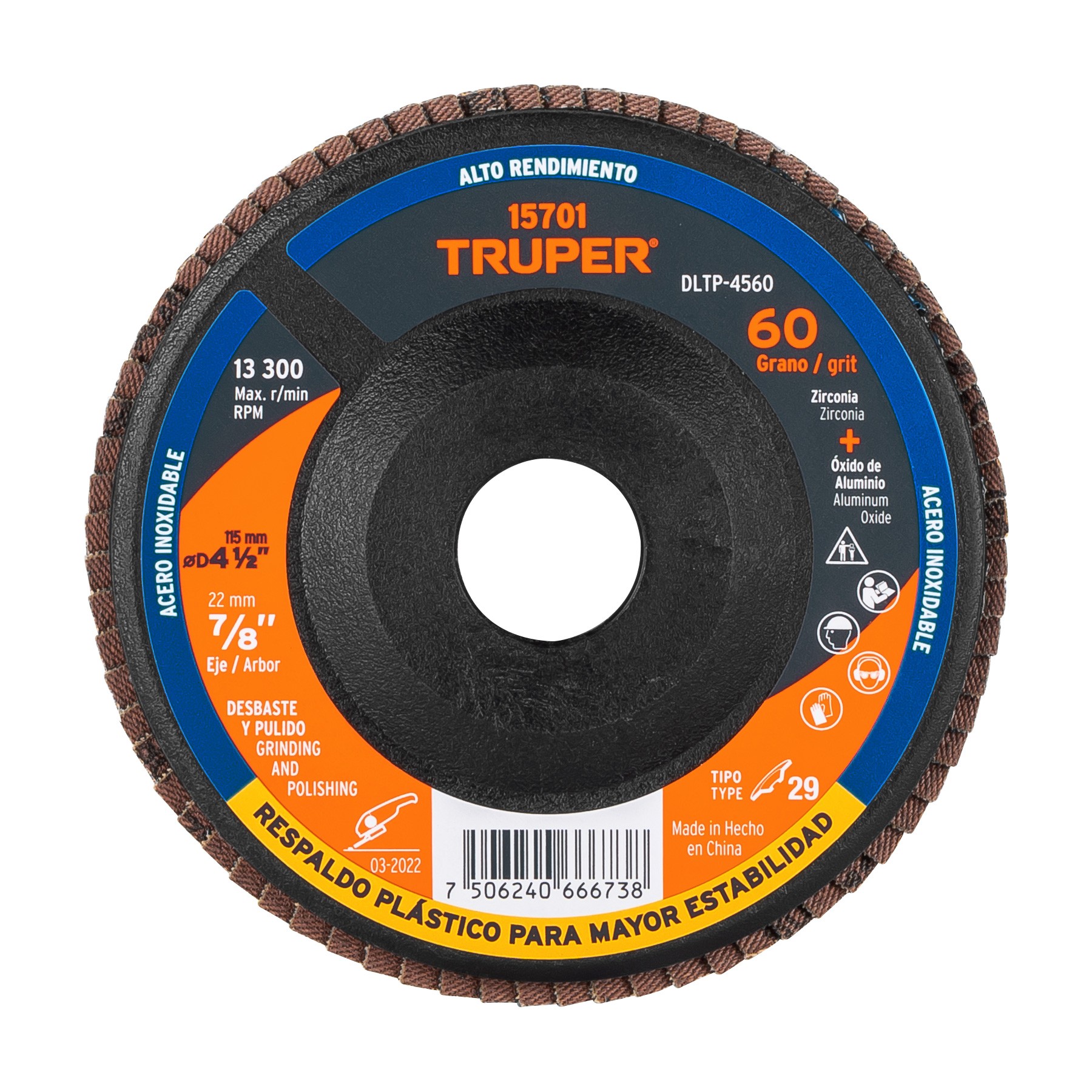 DISCO 4-1/2" LAMINADO RESPALDO PLÁSTICO GRANO 60 CENTRO 7/8" TRUPER 15701
