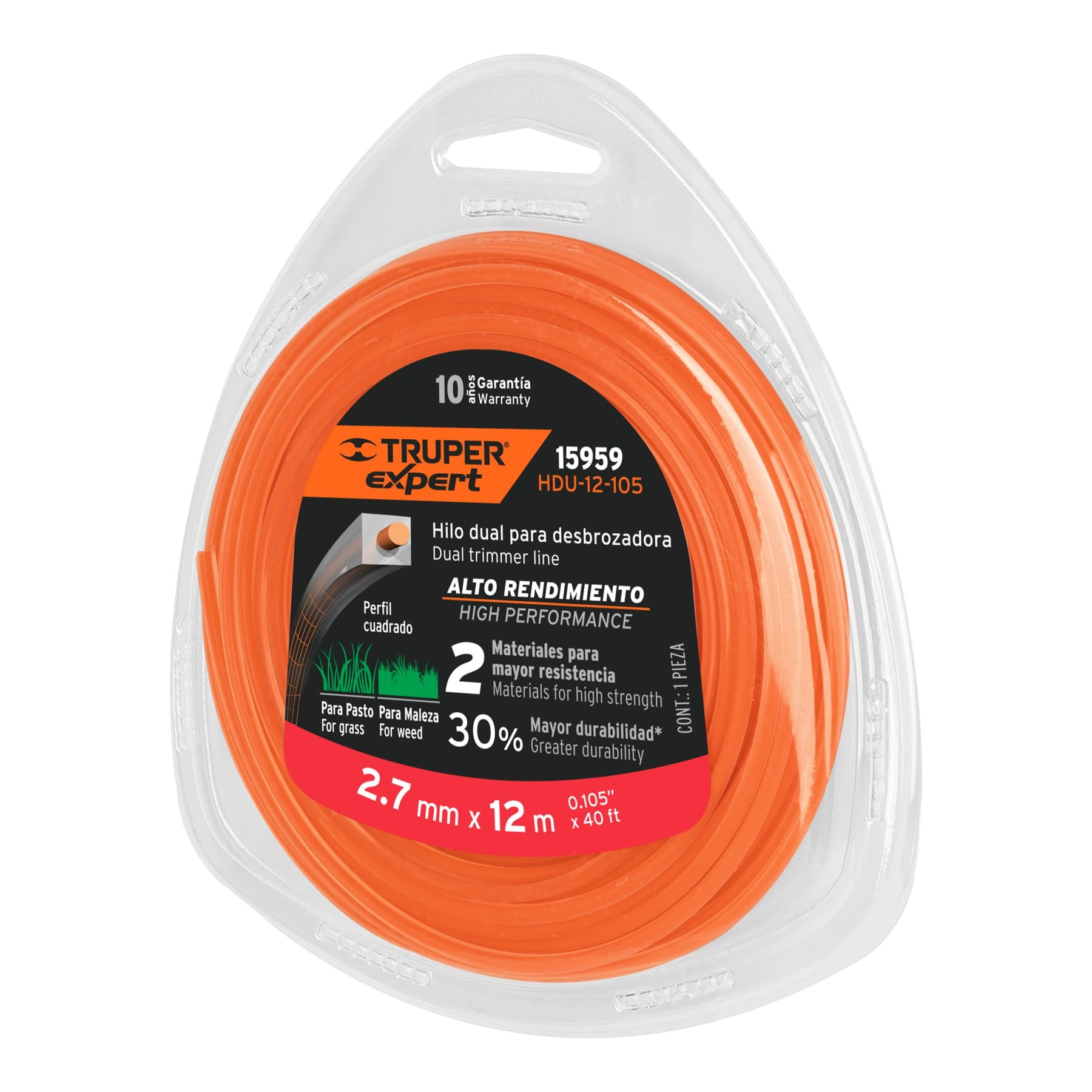 ROLLO DE HILO DUAL PARA DESBROZADORA, 2.7 MM X 12M, TRUPER EXPERT 15959