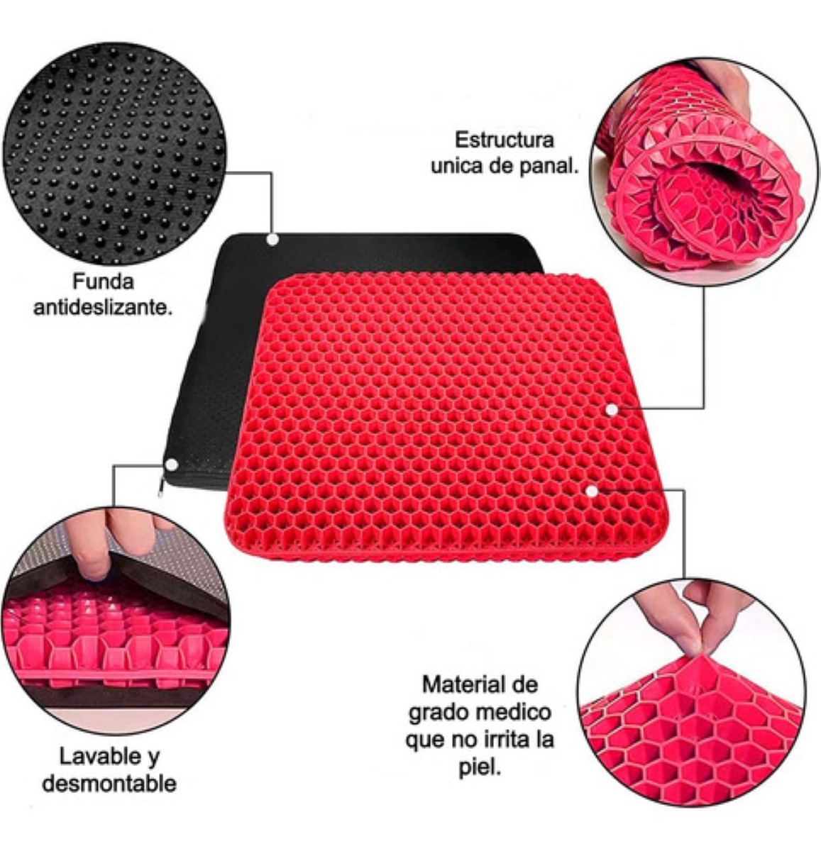 Cojin Ergonomico Silicon Gel Panal Asiento Auto Silla Comodo ROJO