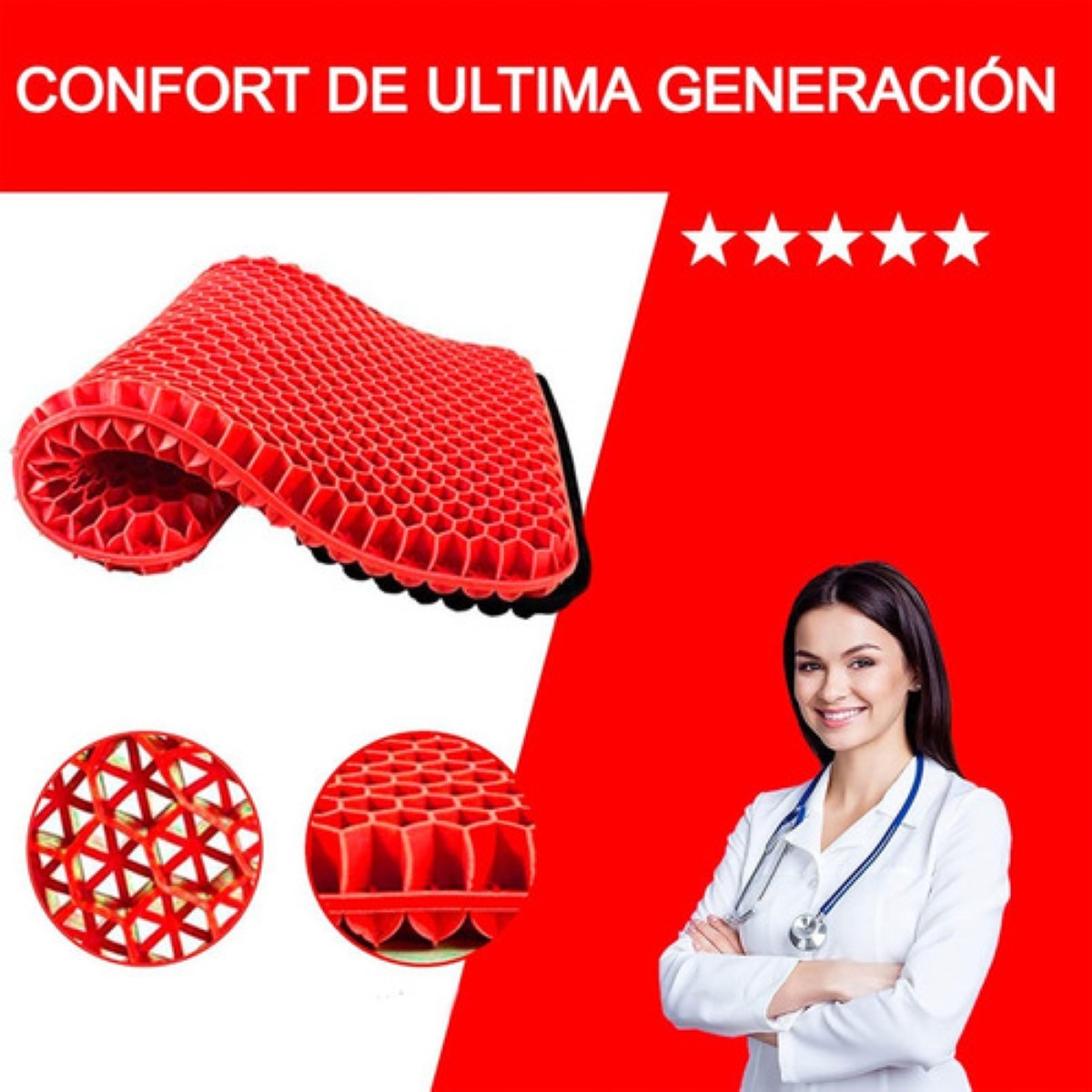 Cojin Ergonomico Silicon Gel Panal Asiento Auto Silla Comodo ROJO
