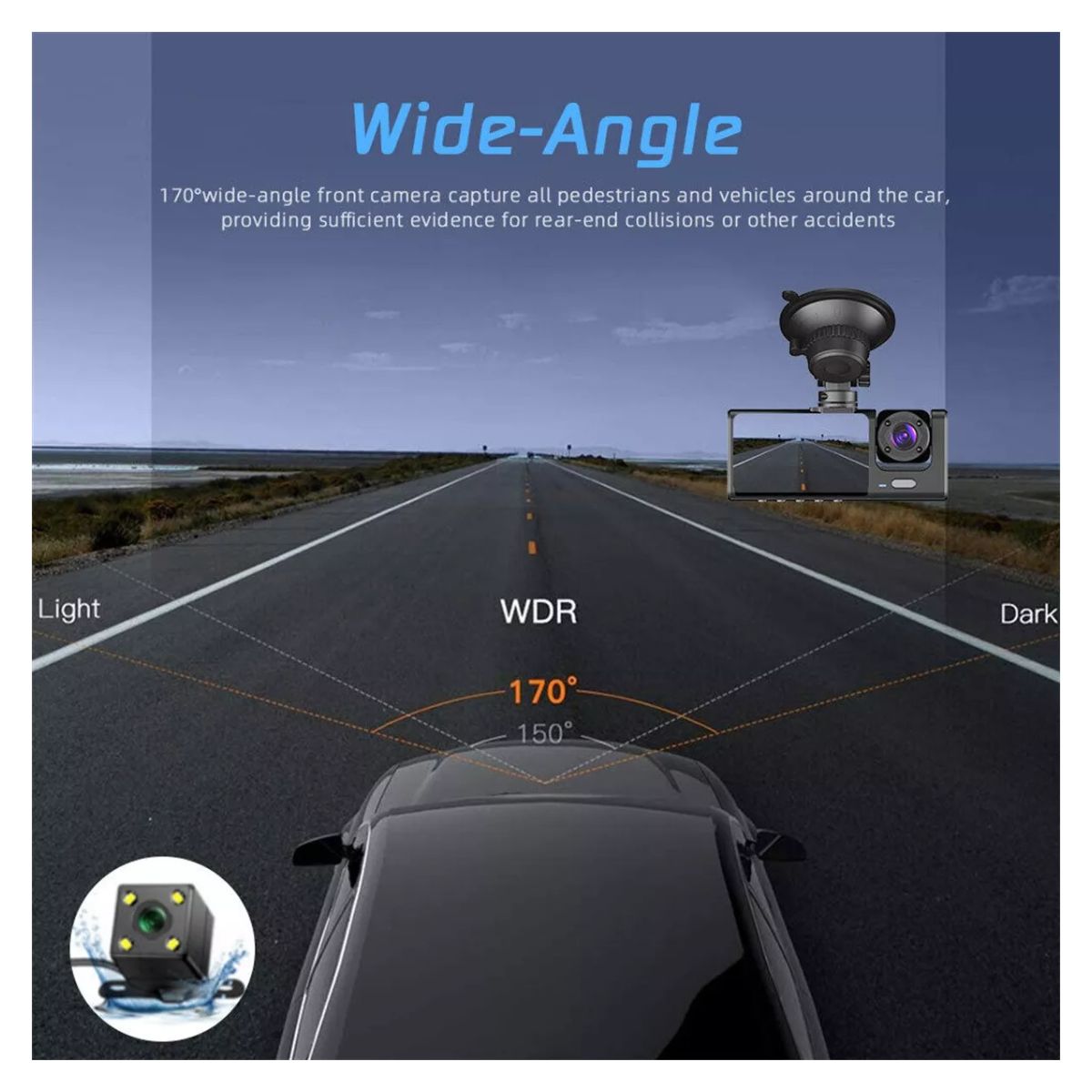 Cámara Para Automovil Hd1080p 170 grados Dashcam Con Tres Cámaras negro