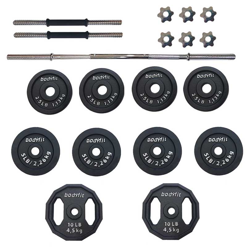 Kit de pesas con barra recta, mancuernas y discos 50lb