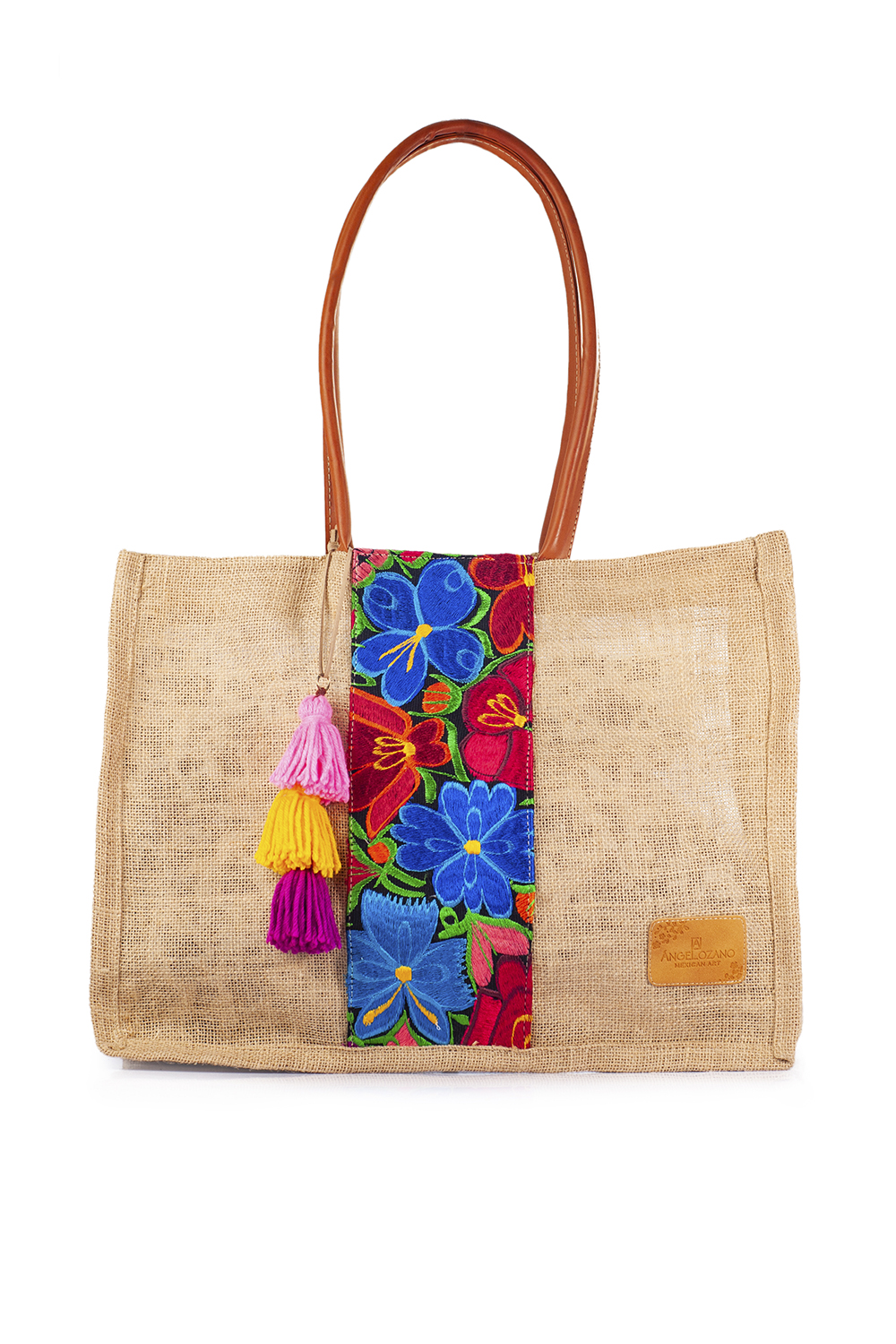 Bolso tipo shopper A ÁNGELOZANO de yute tejido con detalles de bordado ...