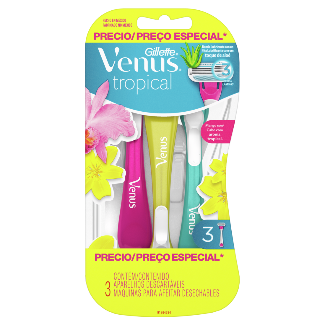 Pack de 3 pz, Venus Tropical Afeitadoras Desechables con Aroma Tropical.