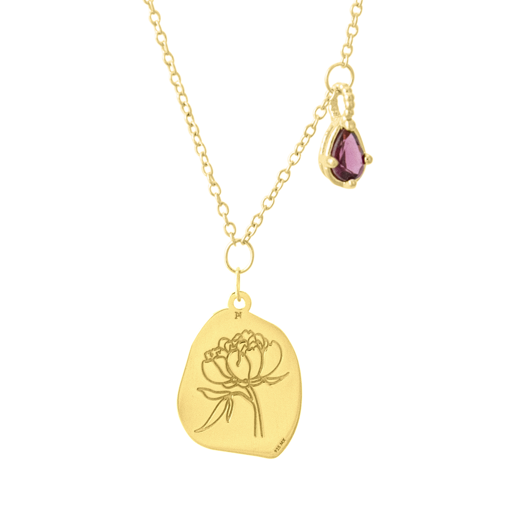 Collar Amor Natural con charm peonía, rodolita y cadena de plata .925 con baño de oro, Colección ...