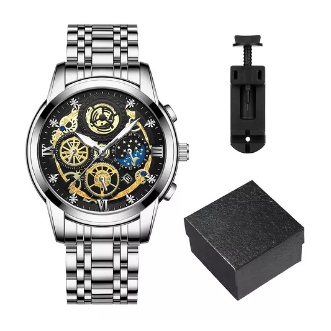 Hombre Reloj Original Cuarzo Inoxidable Con Fechador +caja