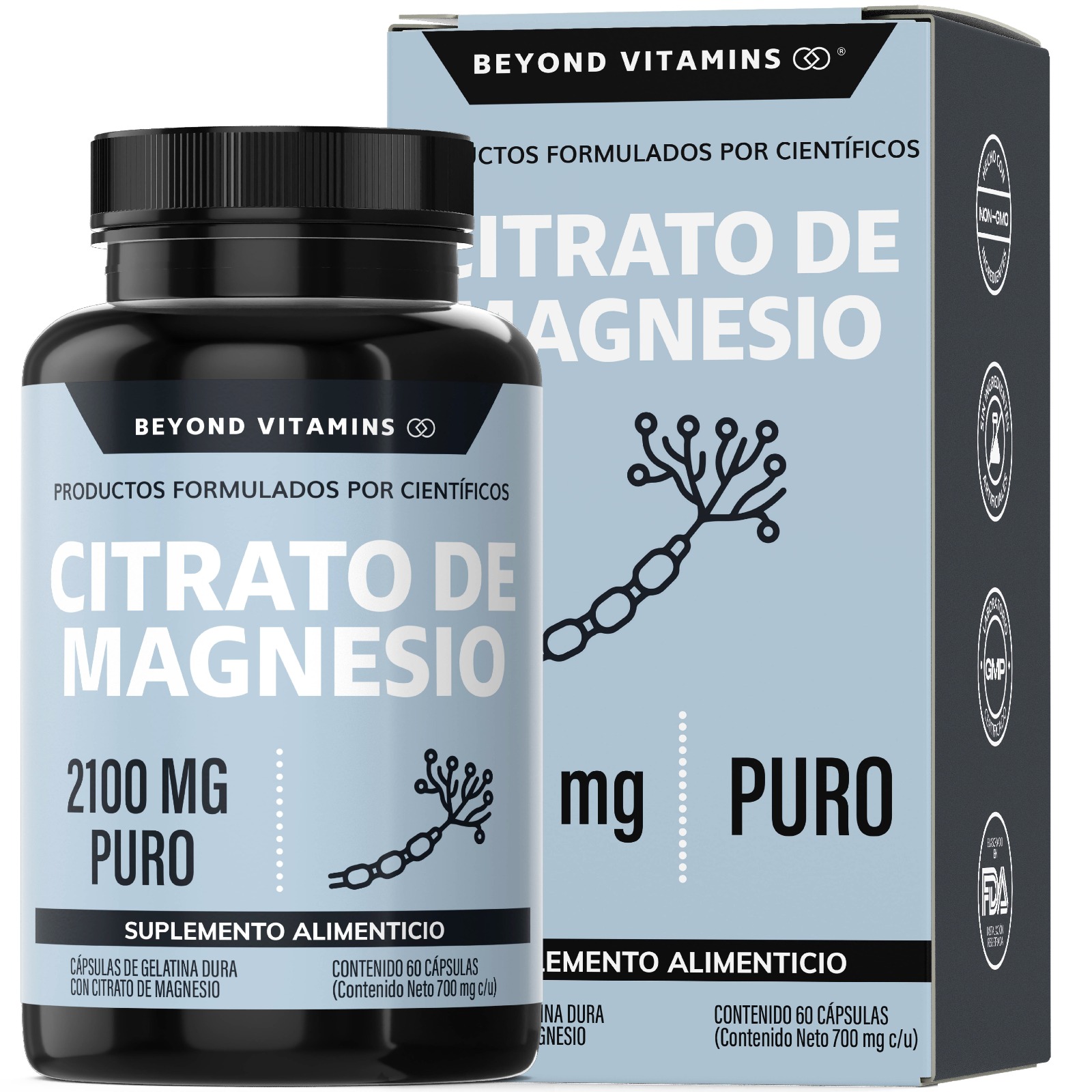 Citrato De Magnesio 2100mg Magnesium Citrate 100 Puro 60 Cápsulas