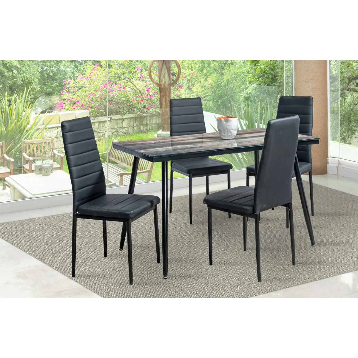 Comedor Toyo Negro 4 Sillas Rectangular Tubular y Cristal