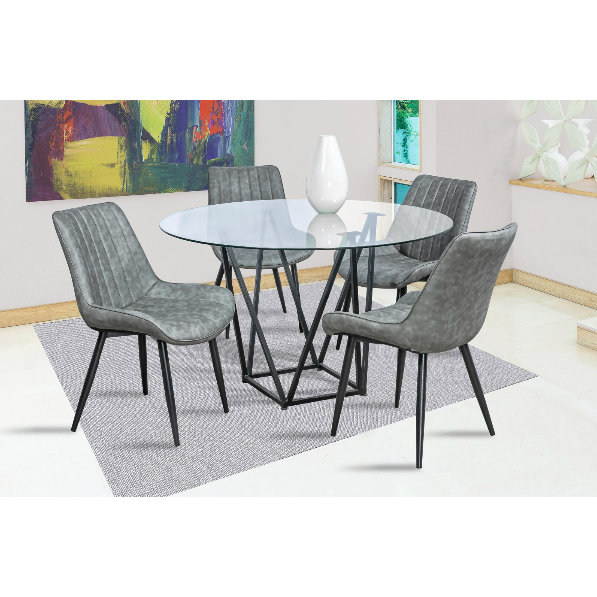 Comedor Java Gris 4 Sillas Redondo Tubular y Cristal