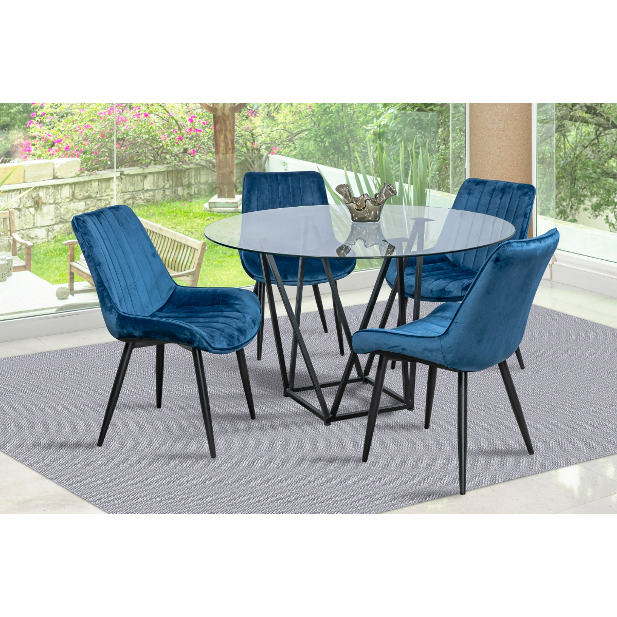 Comedor Java Azul 4 Sillas Redondo Tubular y Cristal.