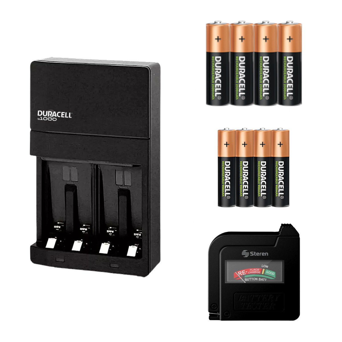 DURACELL CARGADOR (4 AA) + 4 AAA 900 mAh + PROBADOR DE BATERIAS.
