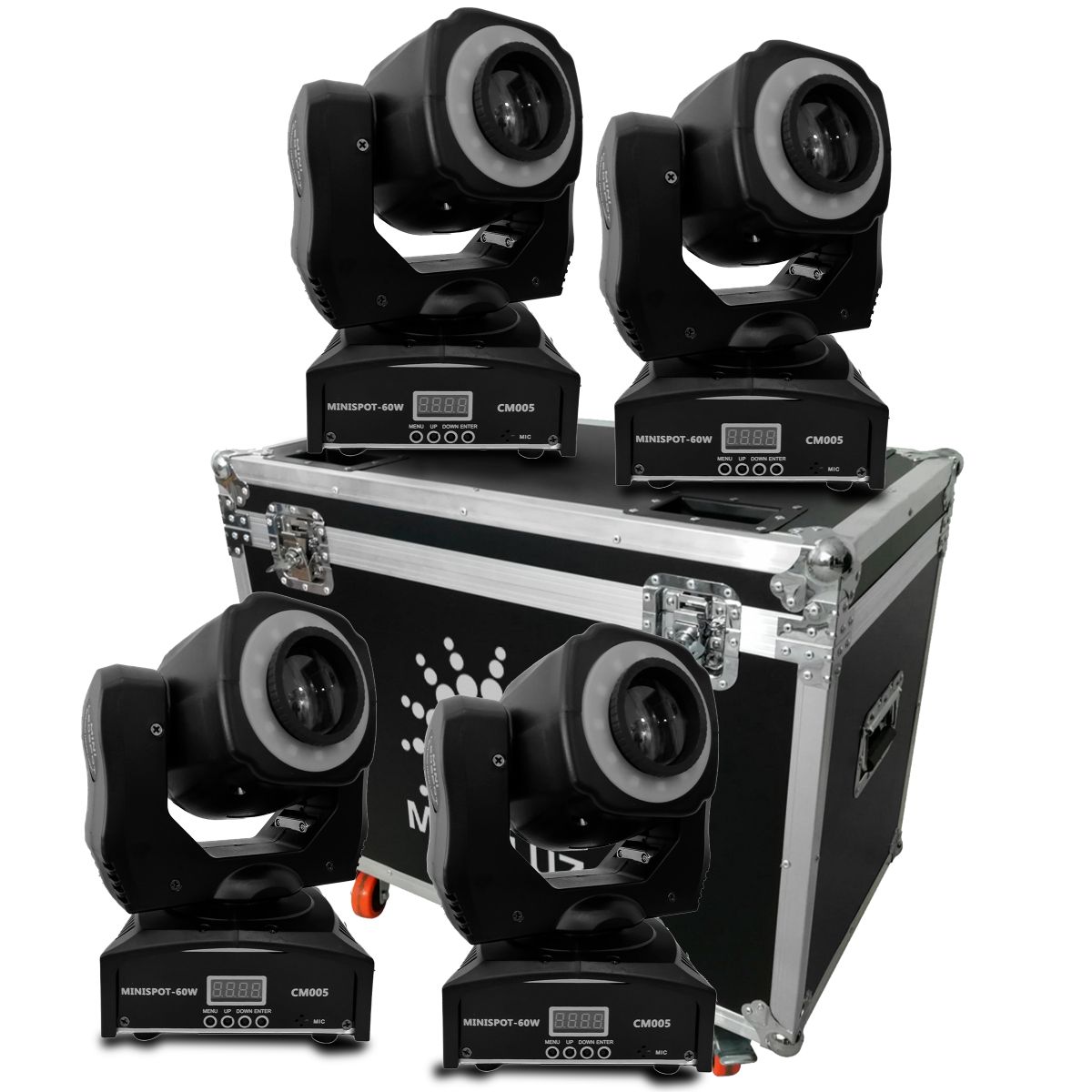 4 Cabezas móviles MEGALUZ MINI SPOT 60X4 60w con case rígido