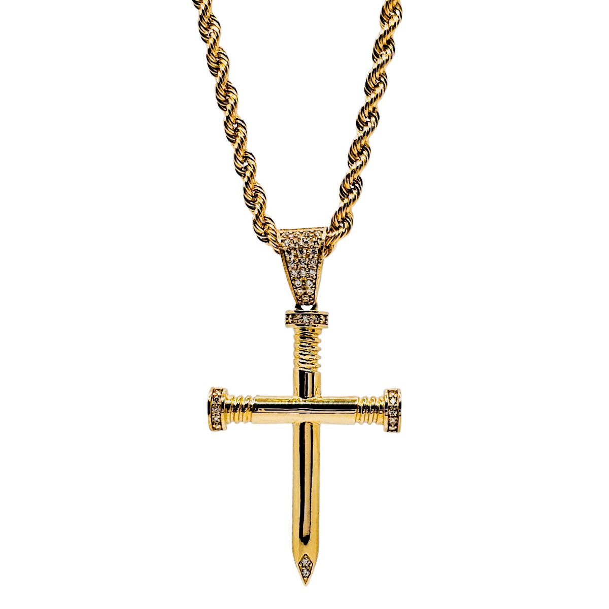 Cadena Oro 10k Torzal Italiano y Cruz Clavo de Piedra Zirconia.