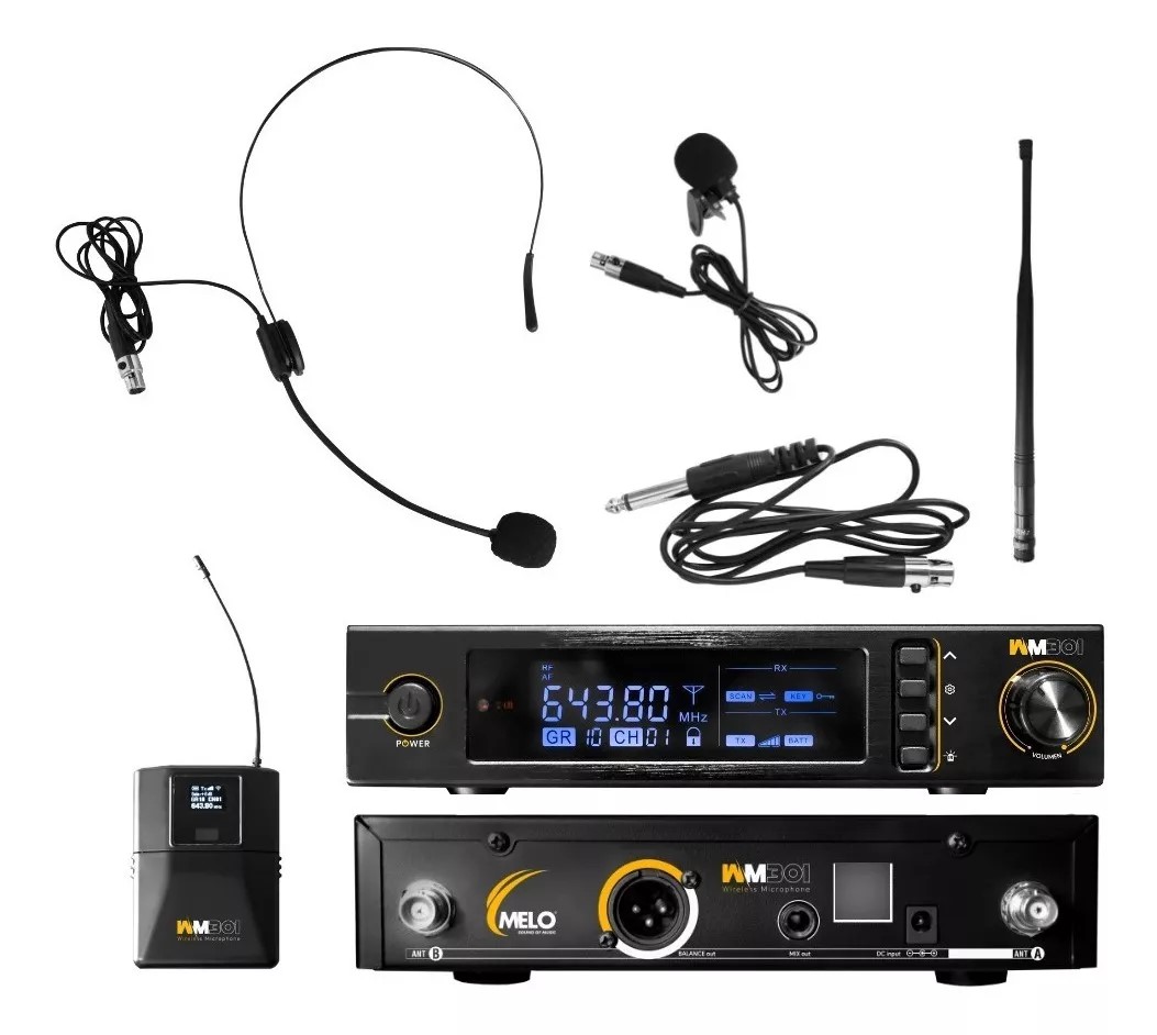 Sistema inalambrico MELO WM301 3 en 1 lavalier,instrumento y diadema