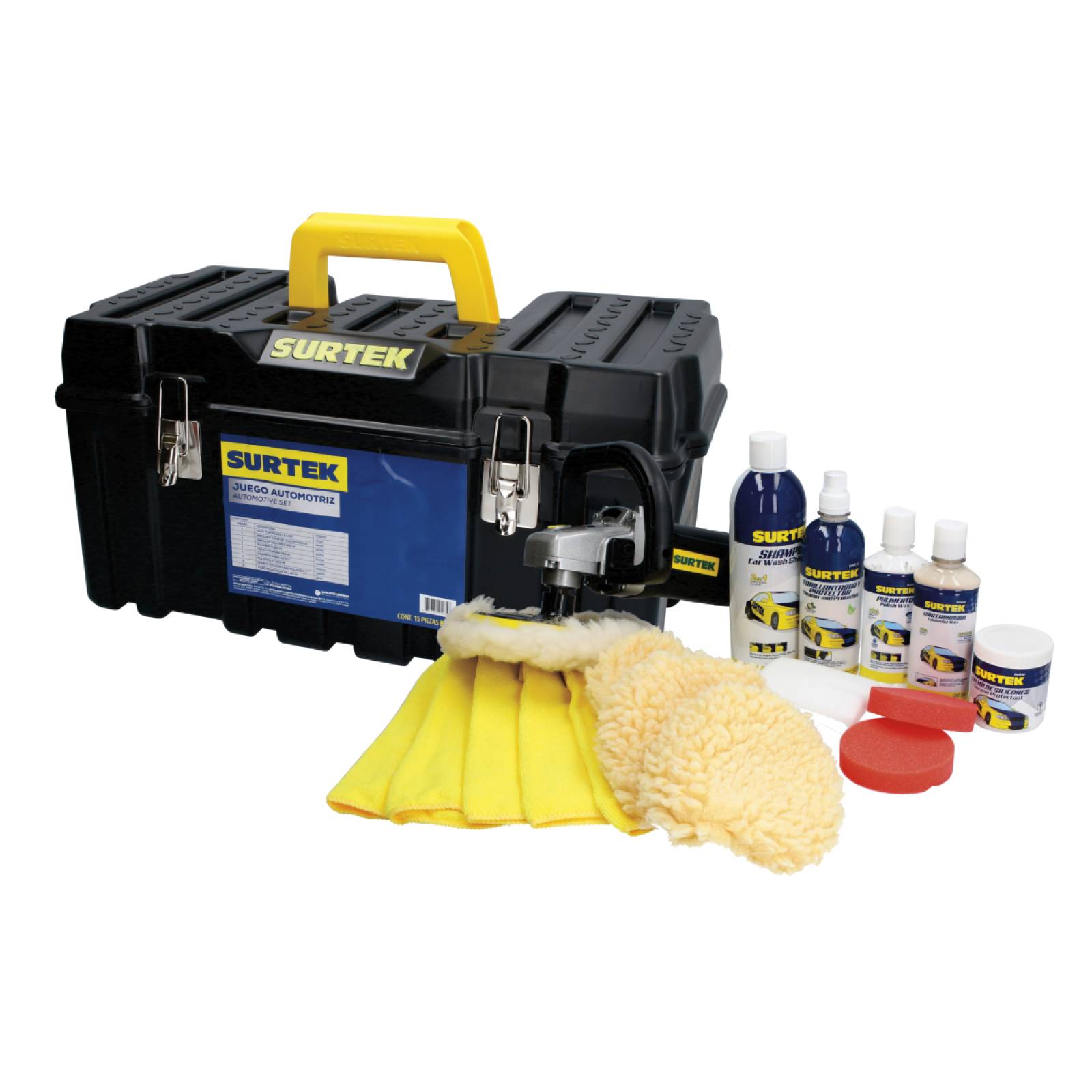 Juego Limpieza Automotriz 15 Pzas Incluye Pulidora Surtek