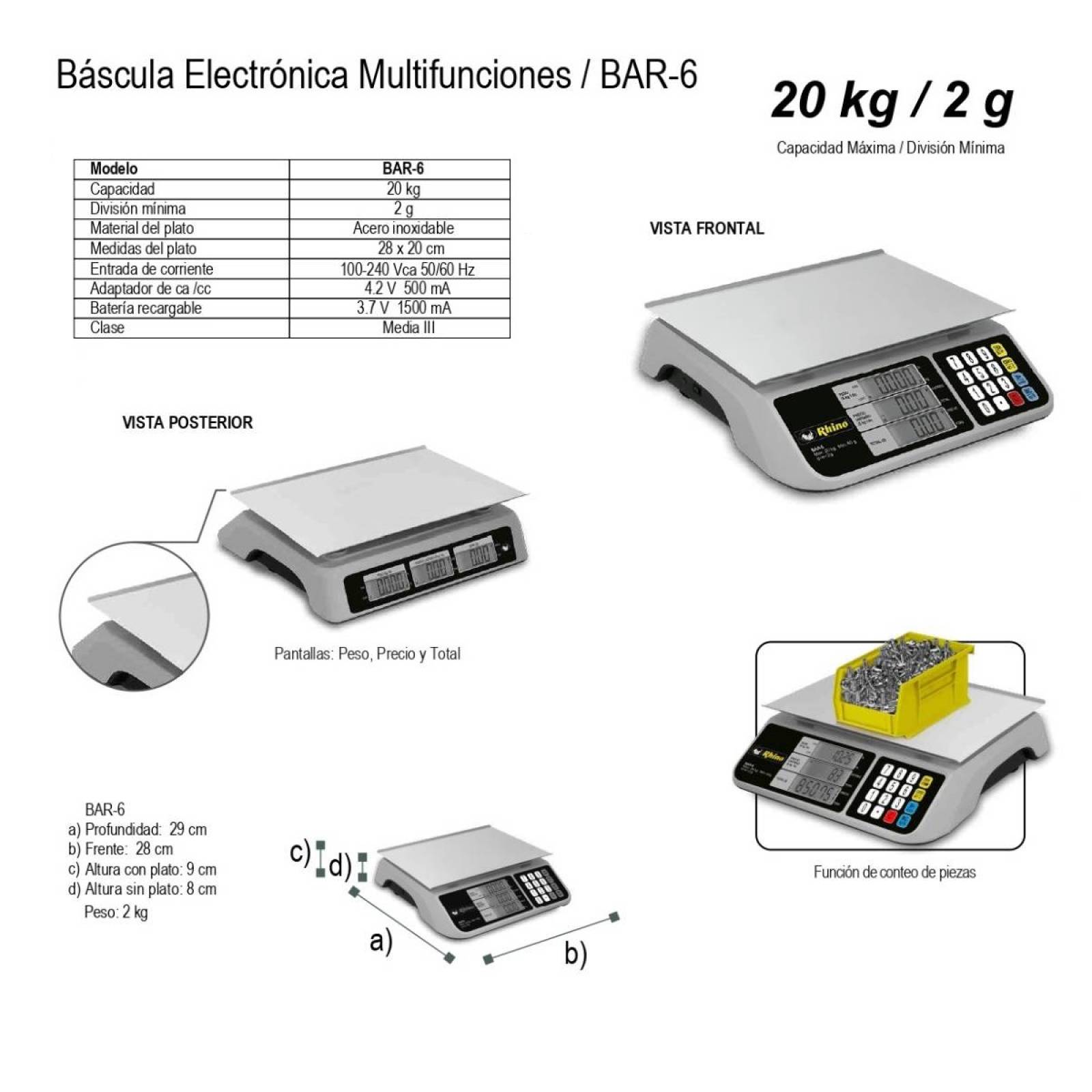Bascula Comercial Digital Rhino 20 Kg / 2 Gr Bar-6 Rhino
