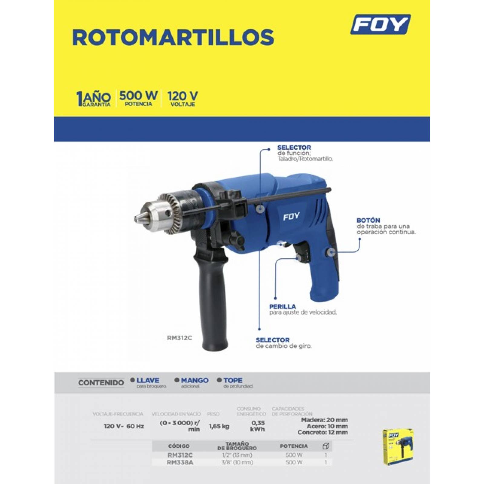 Taladro Rotomartillo Perforador 1/2 In Pared Losas Pisos Foy