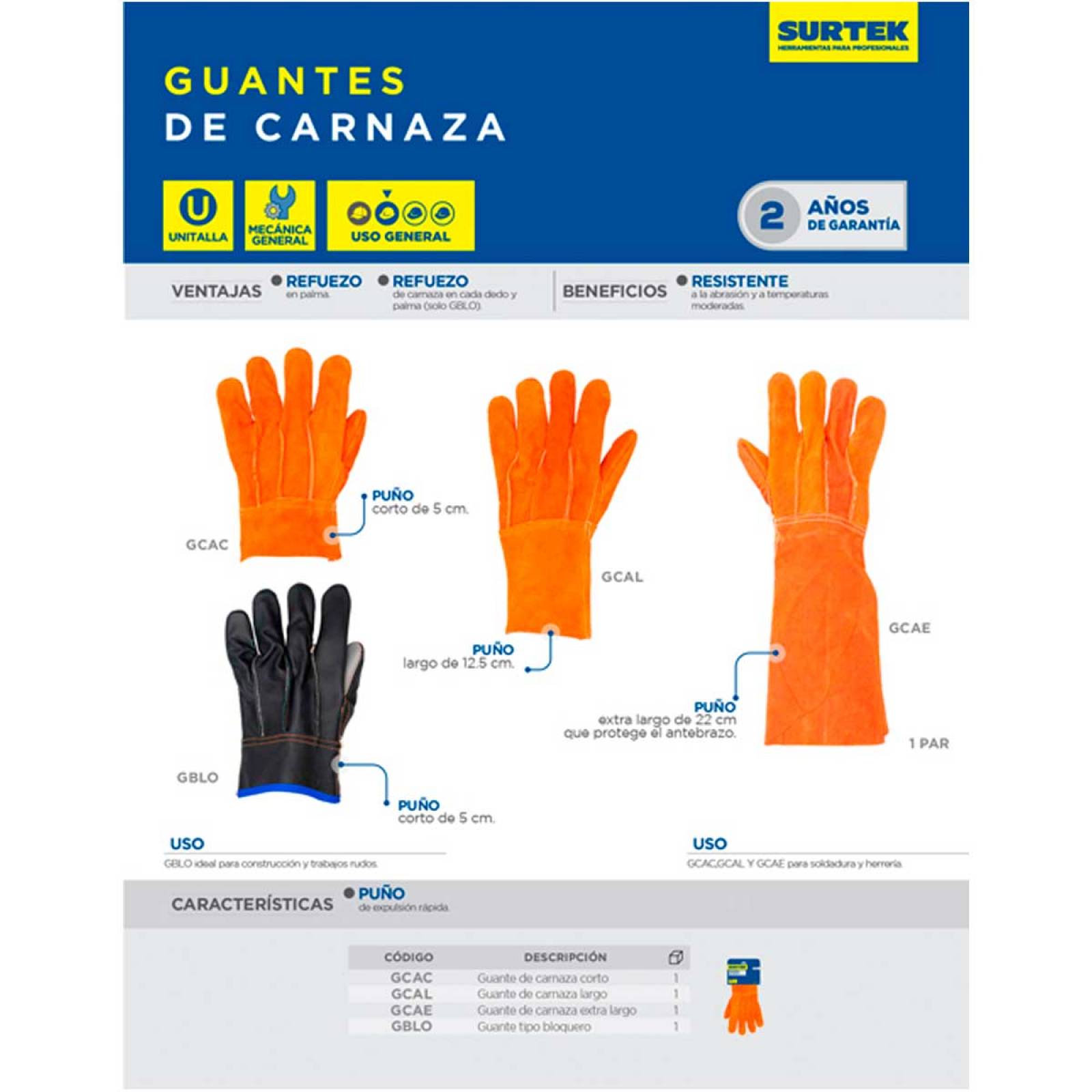 Guantes Carnaza Extra Largo Soldar Seguridad Uso Rudo Surtek