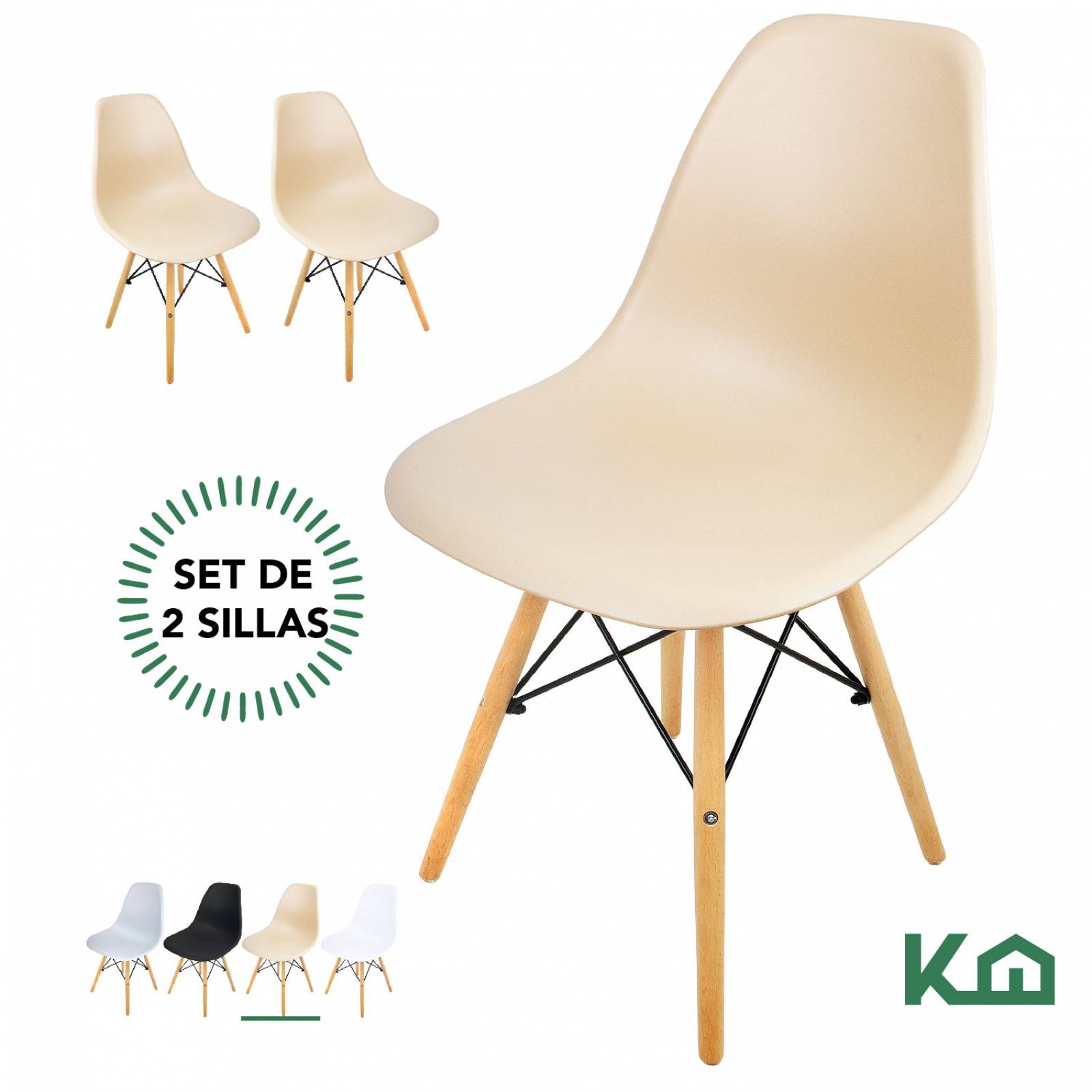 Silla Tipo Eames Moderna Set 2 Pzas Madera Comedor Colores Beige
