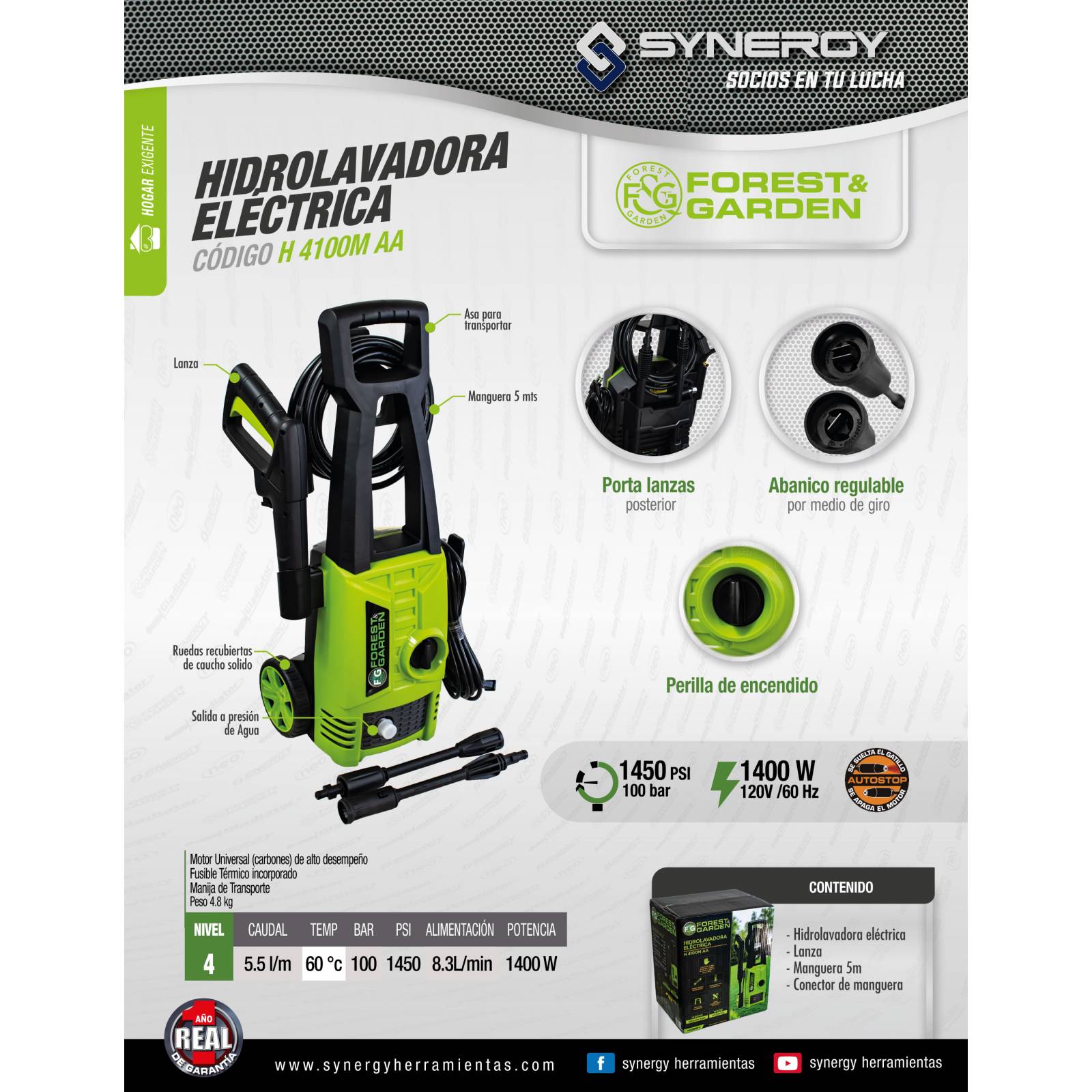 Hidrolavadora Electrica Portatil 1400w 1450psi Fores Garden