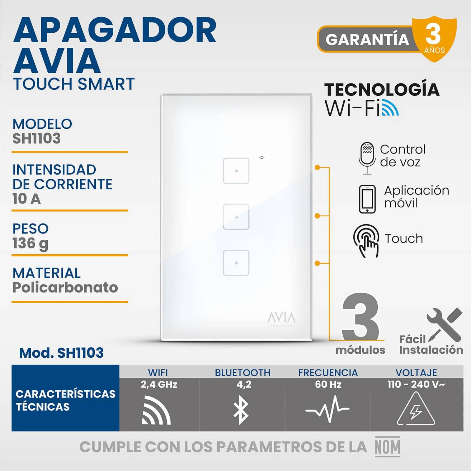 Apagador Inteligente Touch Tres Modulos Avia Smart Home Wifi