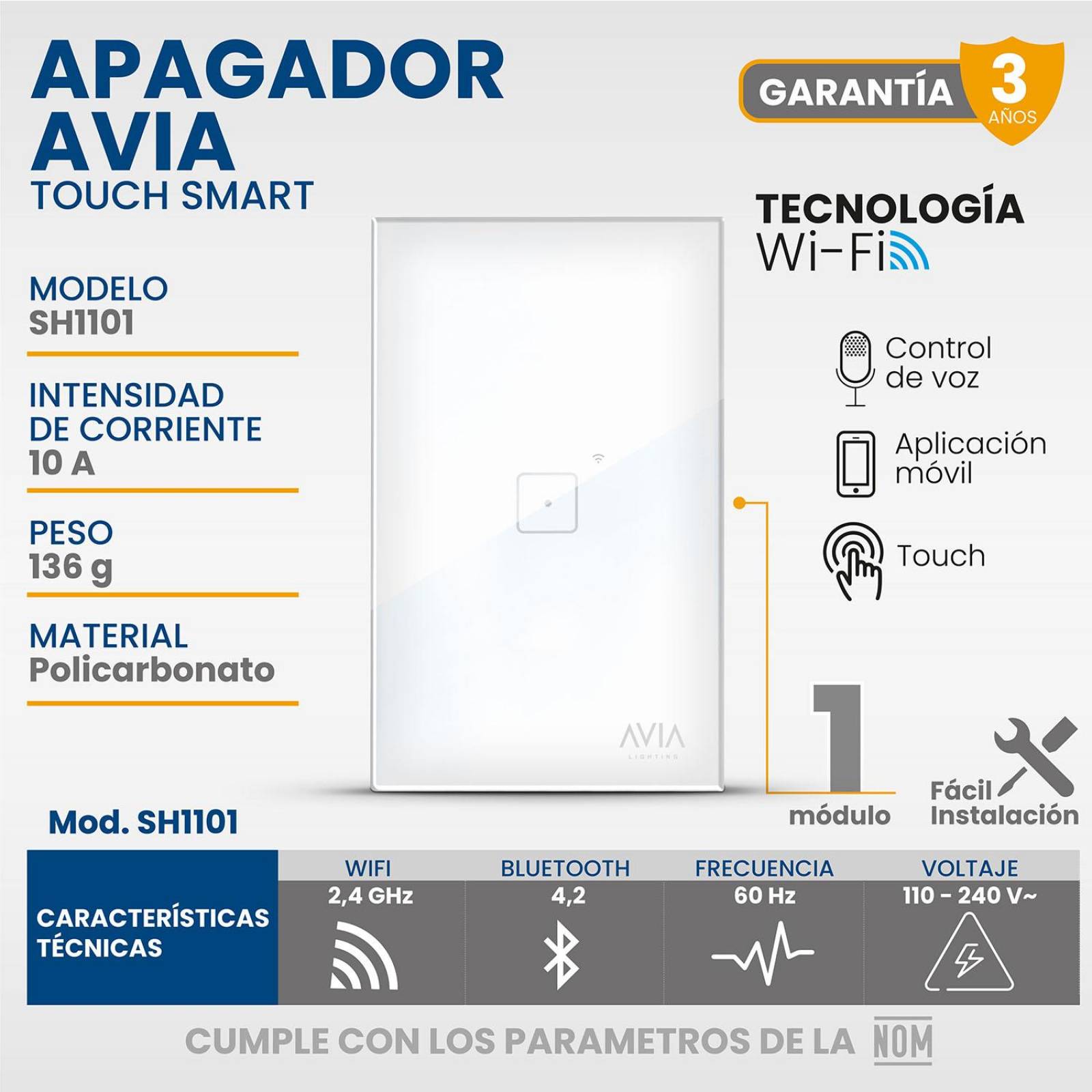 Apagador Inteligente Touch Un Modulos Avia Smart Home Wifi