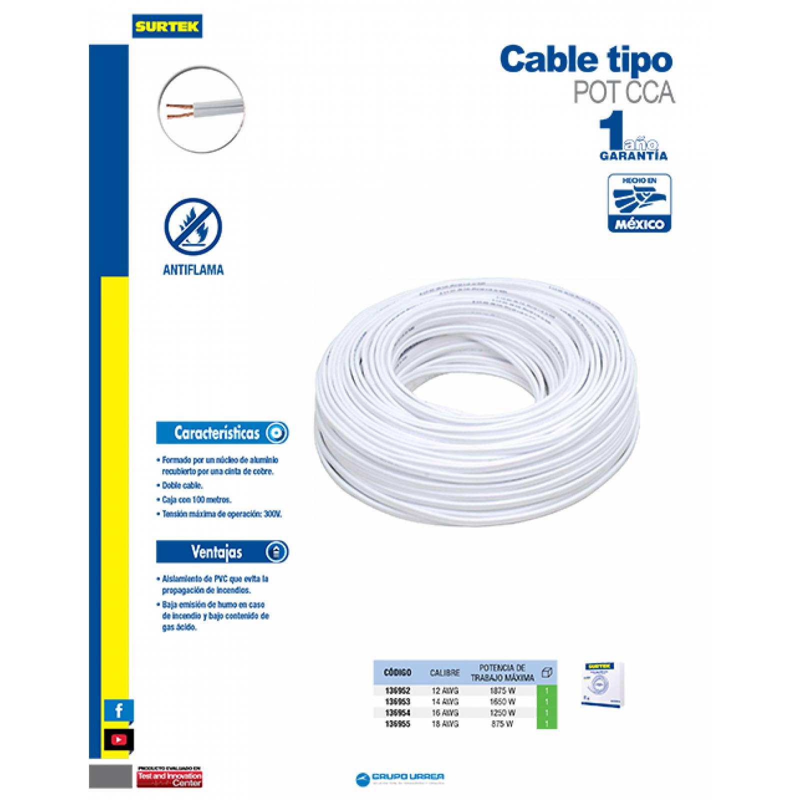 Cable Pot Cca 2X12 100M Blanco 136952 Surtek