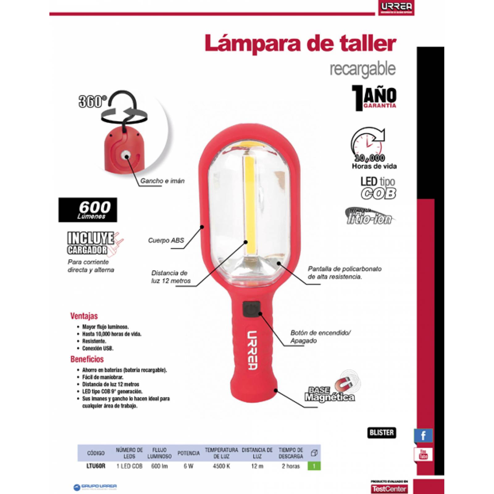 Linterna Para Taller Recargable 600lm ltu60r Urrea