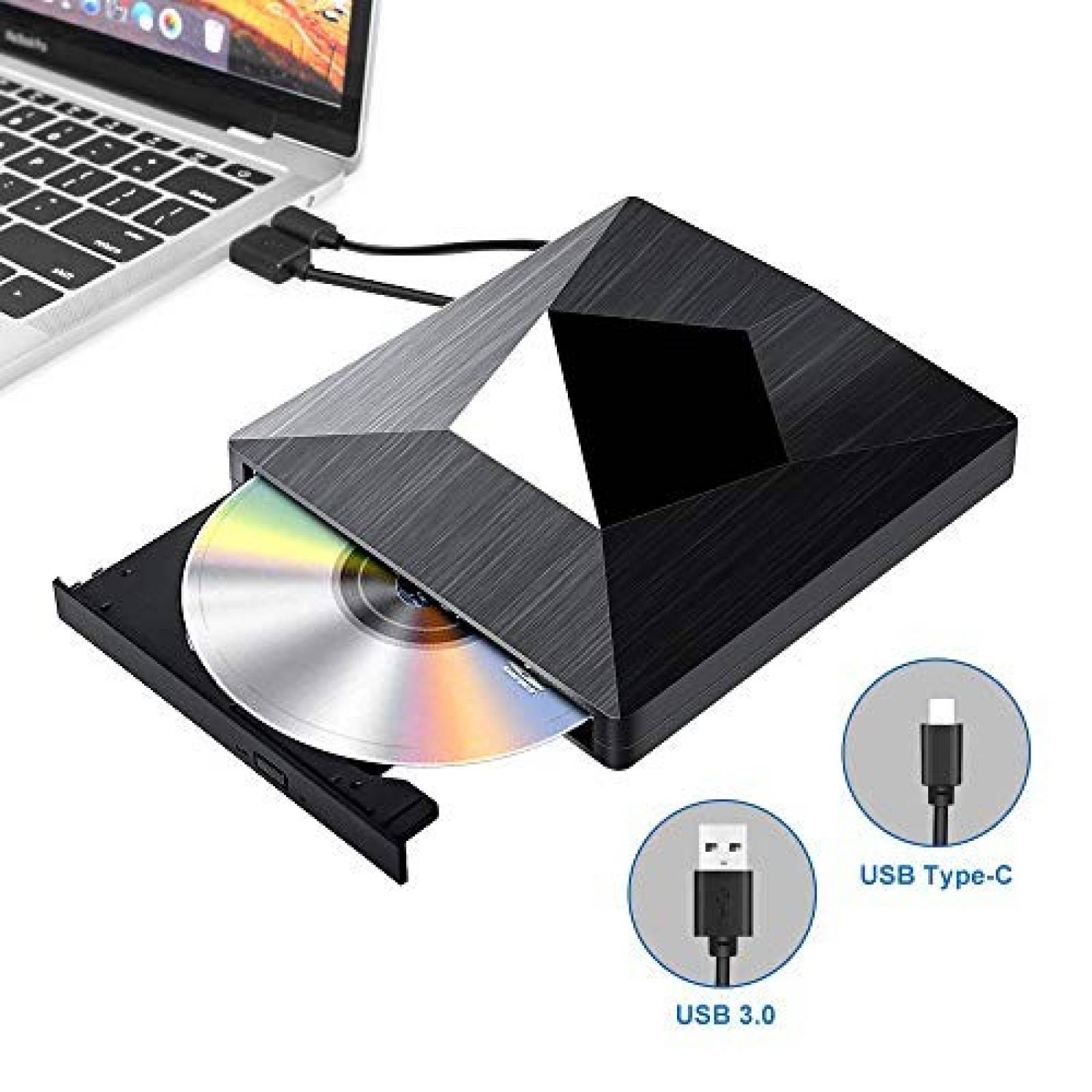Unidad externa de CD y DVD PiAEK doble USB 3.0 tipo C -Negro