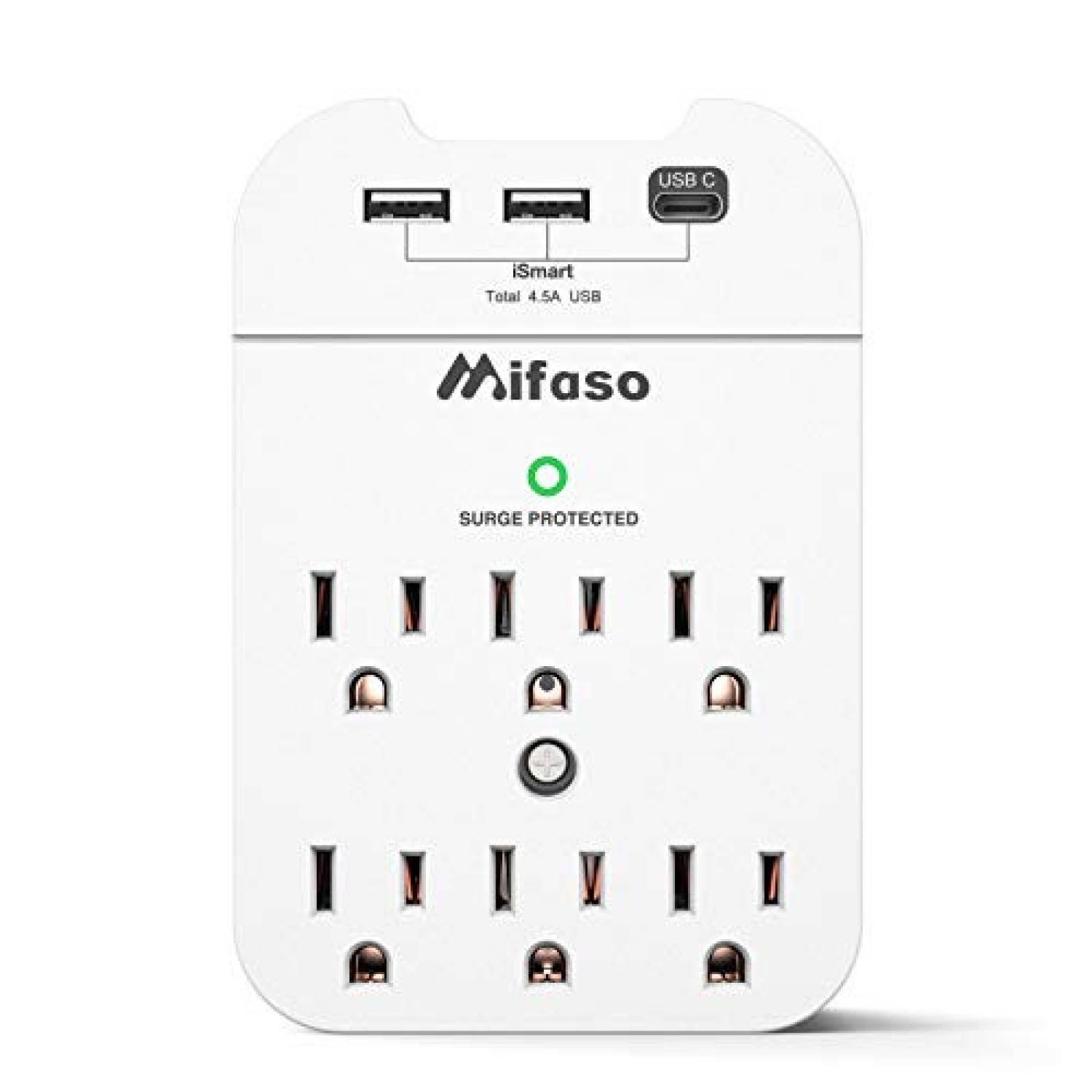 Extensor de enchufe mifaso 6 tomacorriente 2 USB 1 USB-C