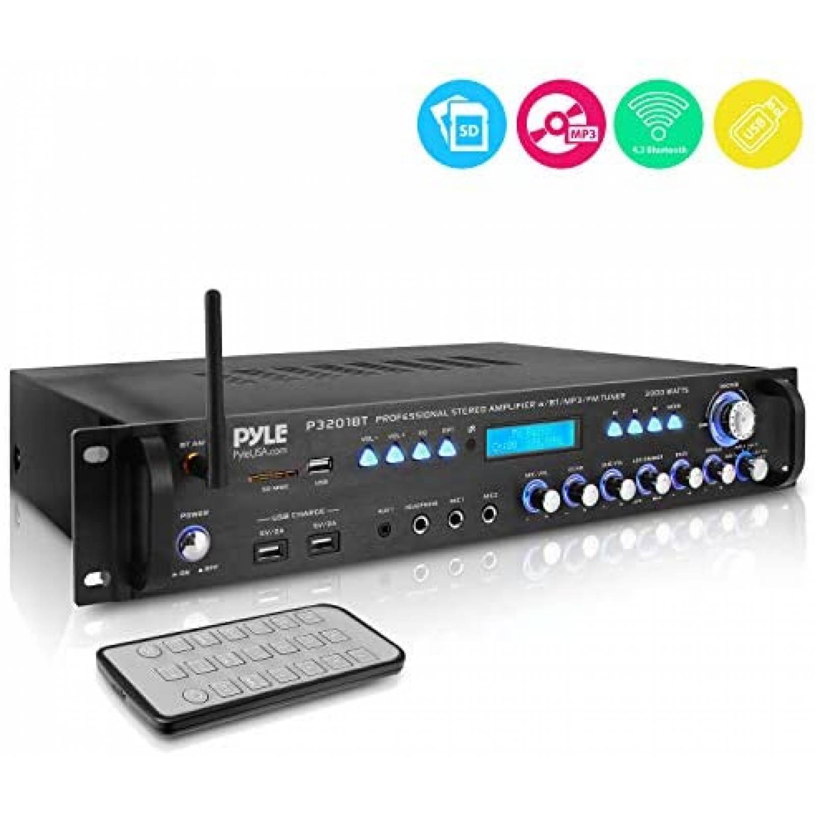 Receptor AV Pyle P3201BT 3000W USB AUX LED Bluetooth -Negro