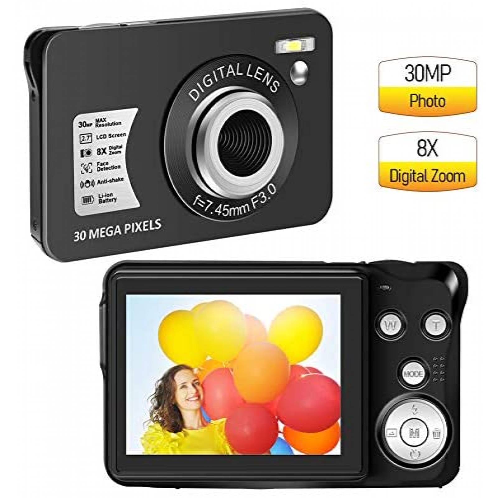 Cámara Digital CEDITA Compacta 30MP HD 2.7'' LCD -Negro