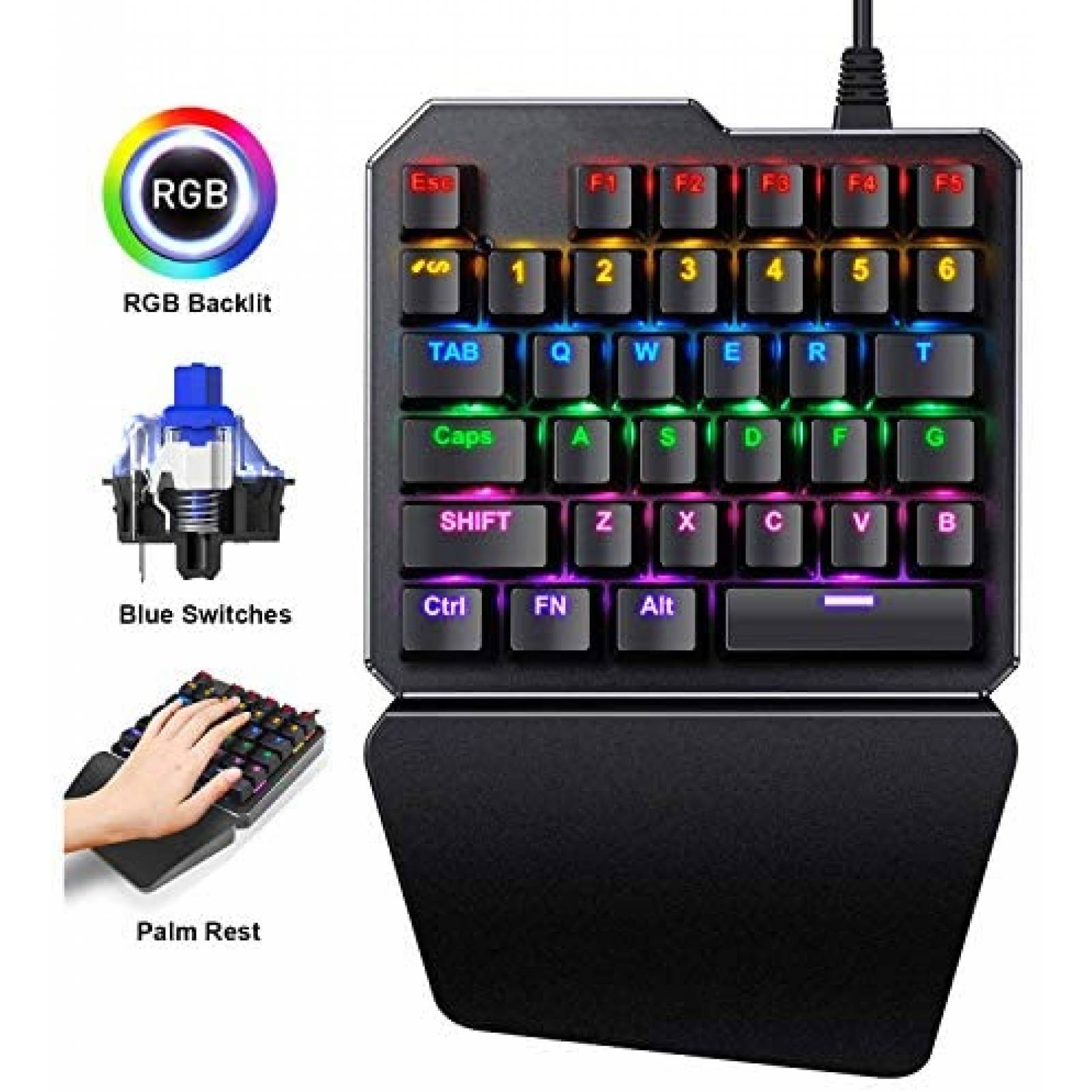 Teclado Kinoth Gamer para Una Mano 35 Teclas LED Mac/PC