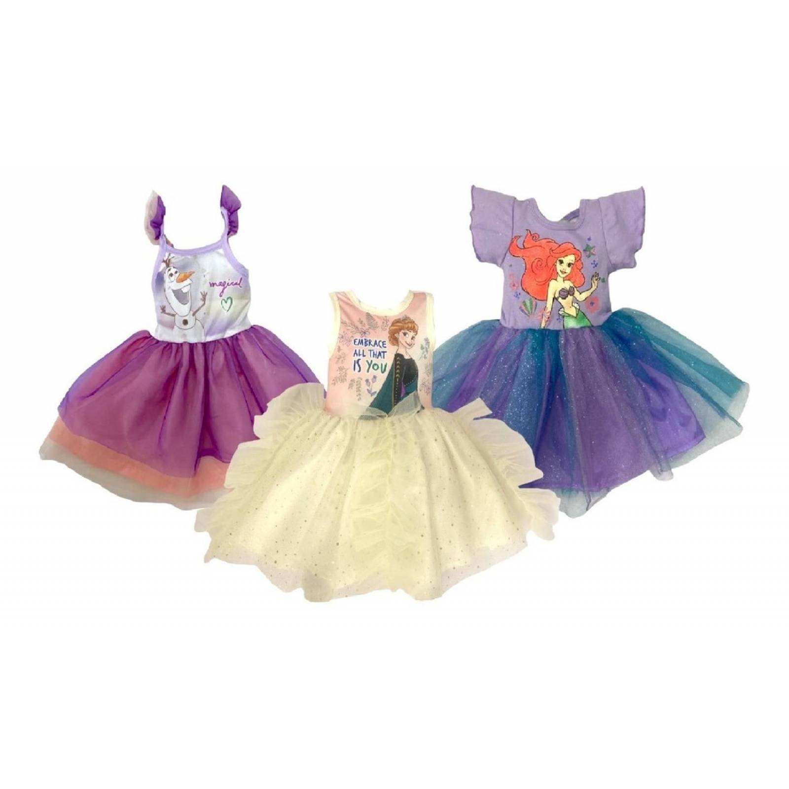 Kit 3 Vestidos Disney Princesas Ana, Ariel, Olaf