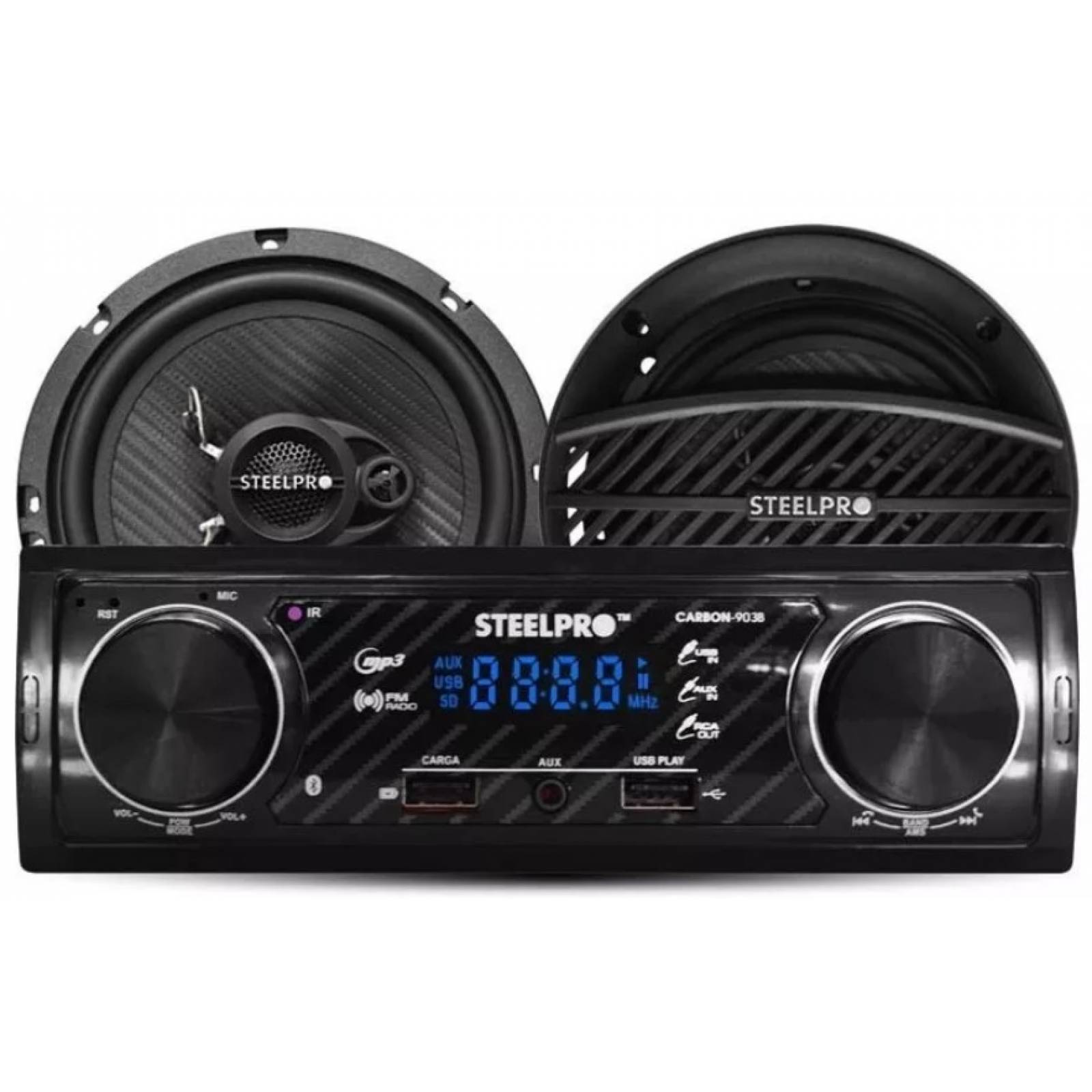 PAQUETE ESTEREO STEELPRO CARBON 9300B 2 BOCINAS 65