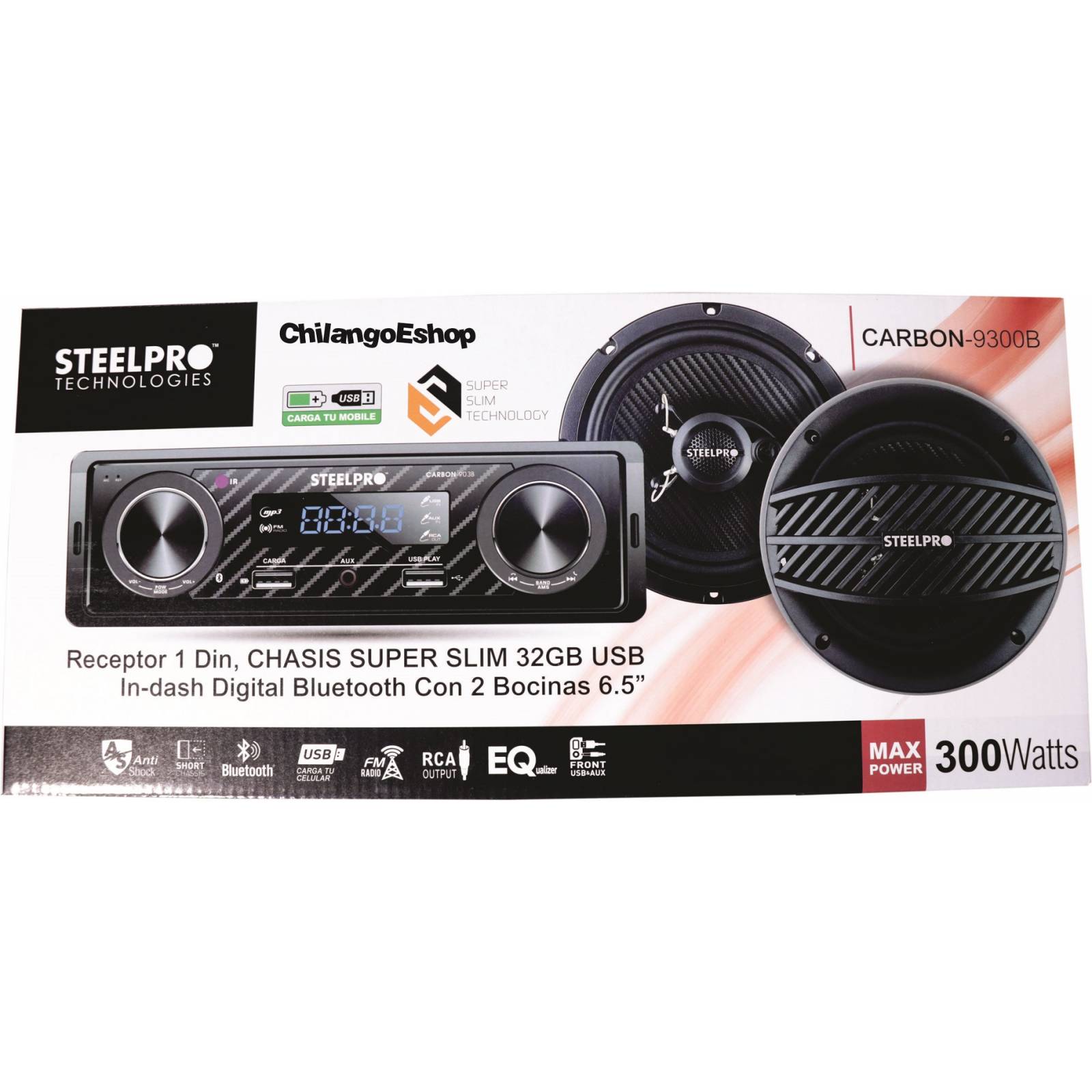 PAQUETE ESTEREO STEELPRO CARBON 9300B 2 BOCINAS 65