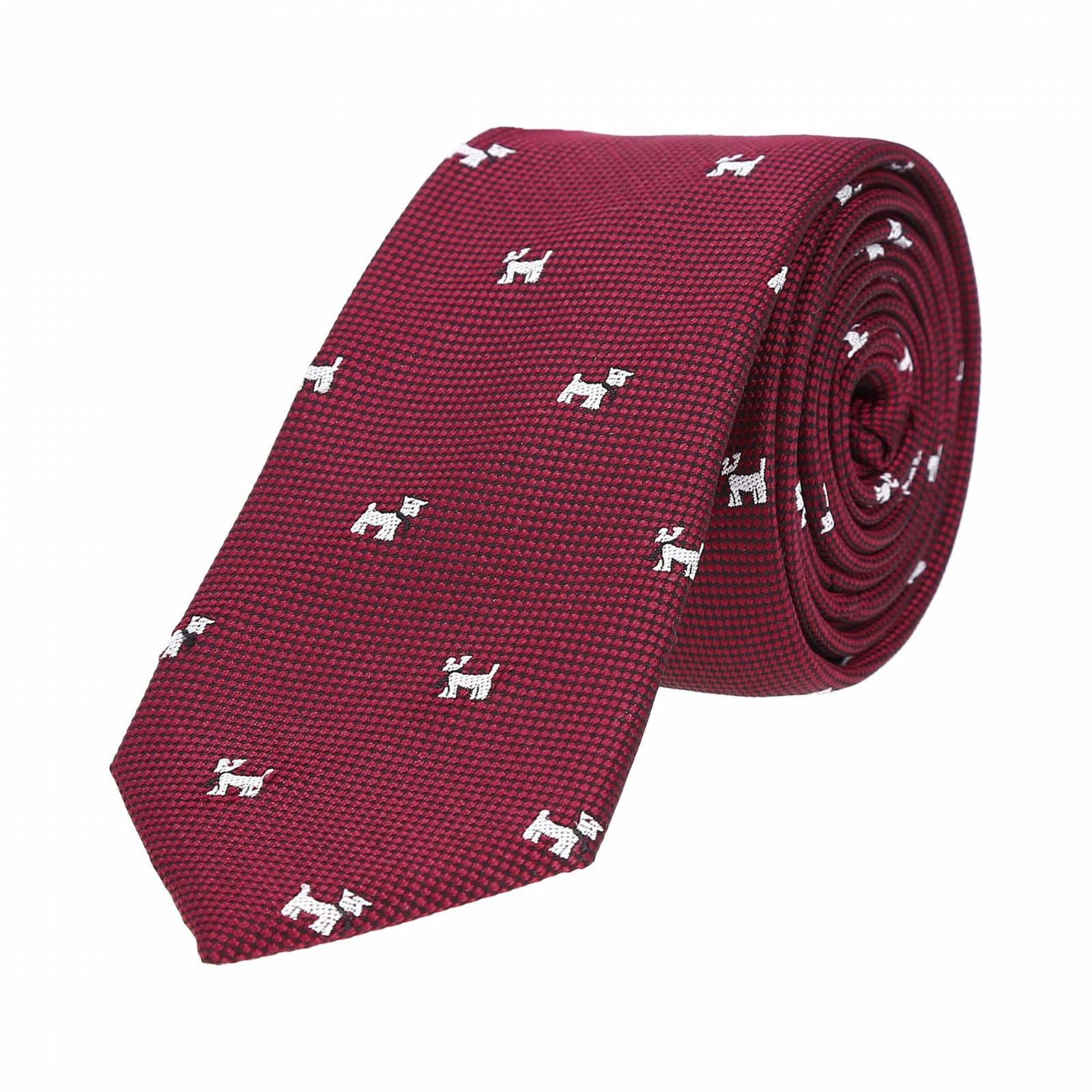 Corbata roja texturizada con grabado de perrito blanco poliéster