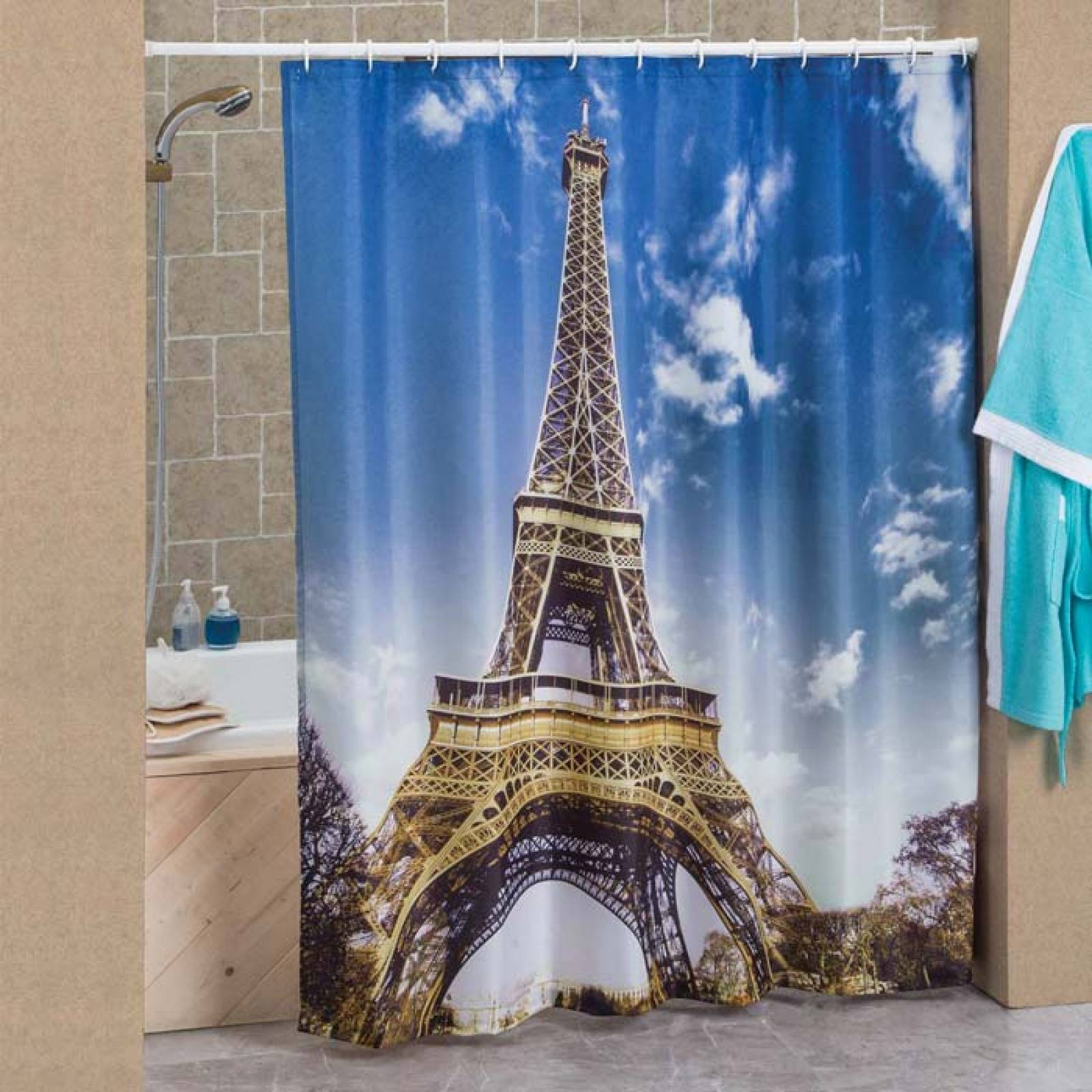 Cortina Baño Torre Eiffel Poliester Estandar Azul Concord