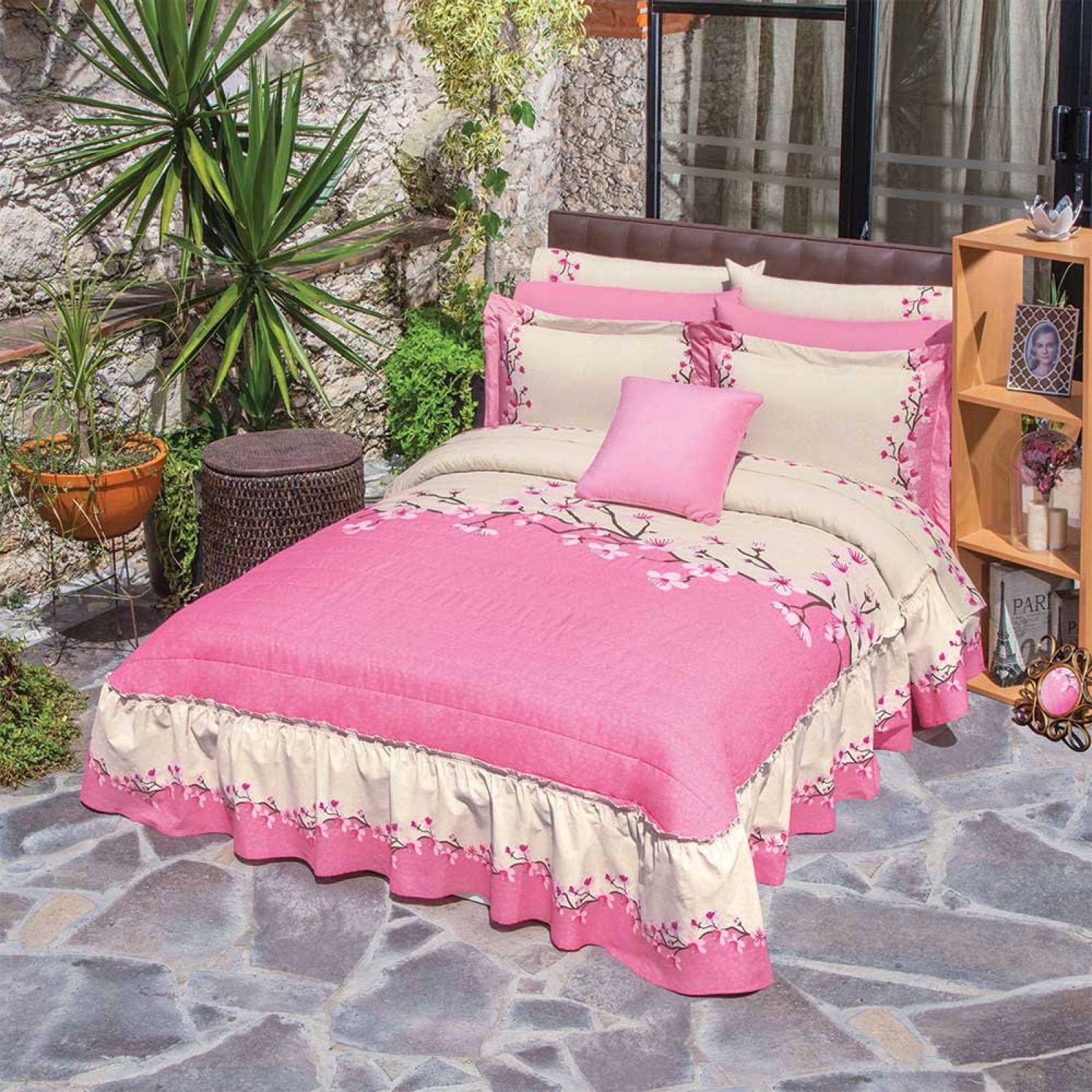 Colcha Funda Flor Cerezo Matrimonial Microfibra Rosa Concord